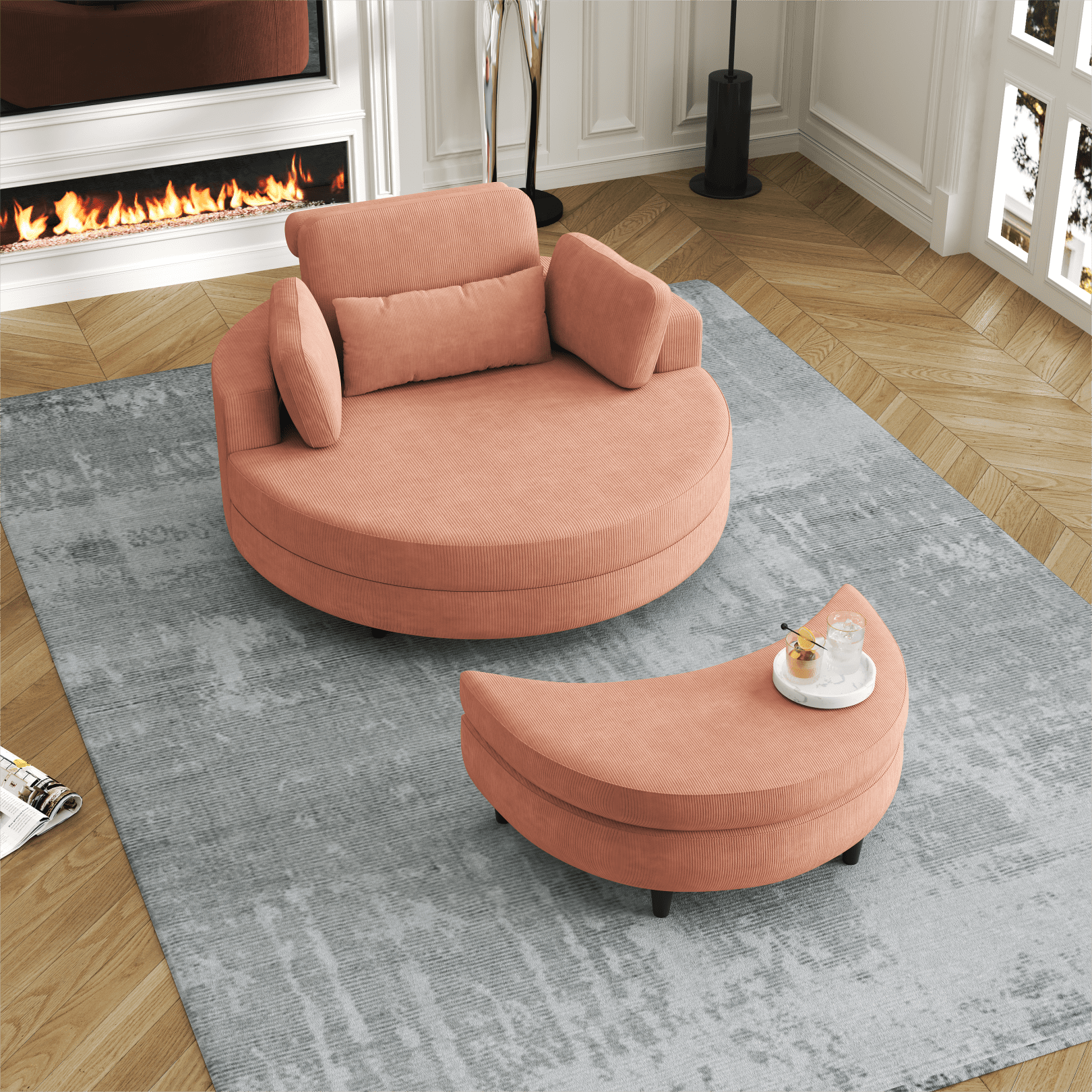 Barrel Round Sofa Chair with Moon Storage Ottoman, 51"Modern Corduroy ...