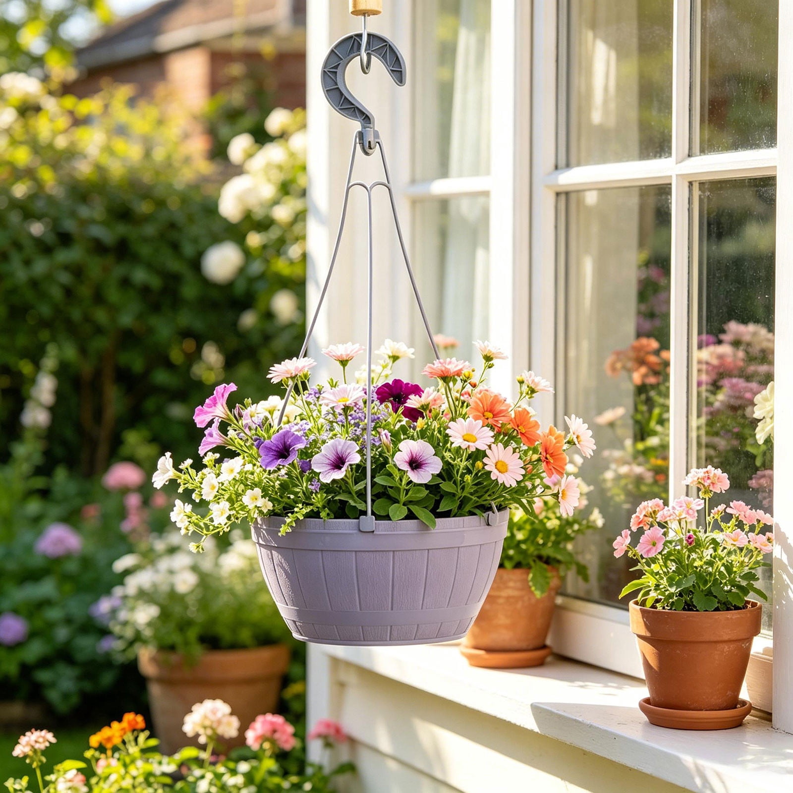 Barrel Shaped Plastic Hanging Flower Planter Basket with Chain, Wall ...