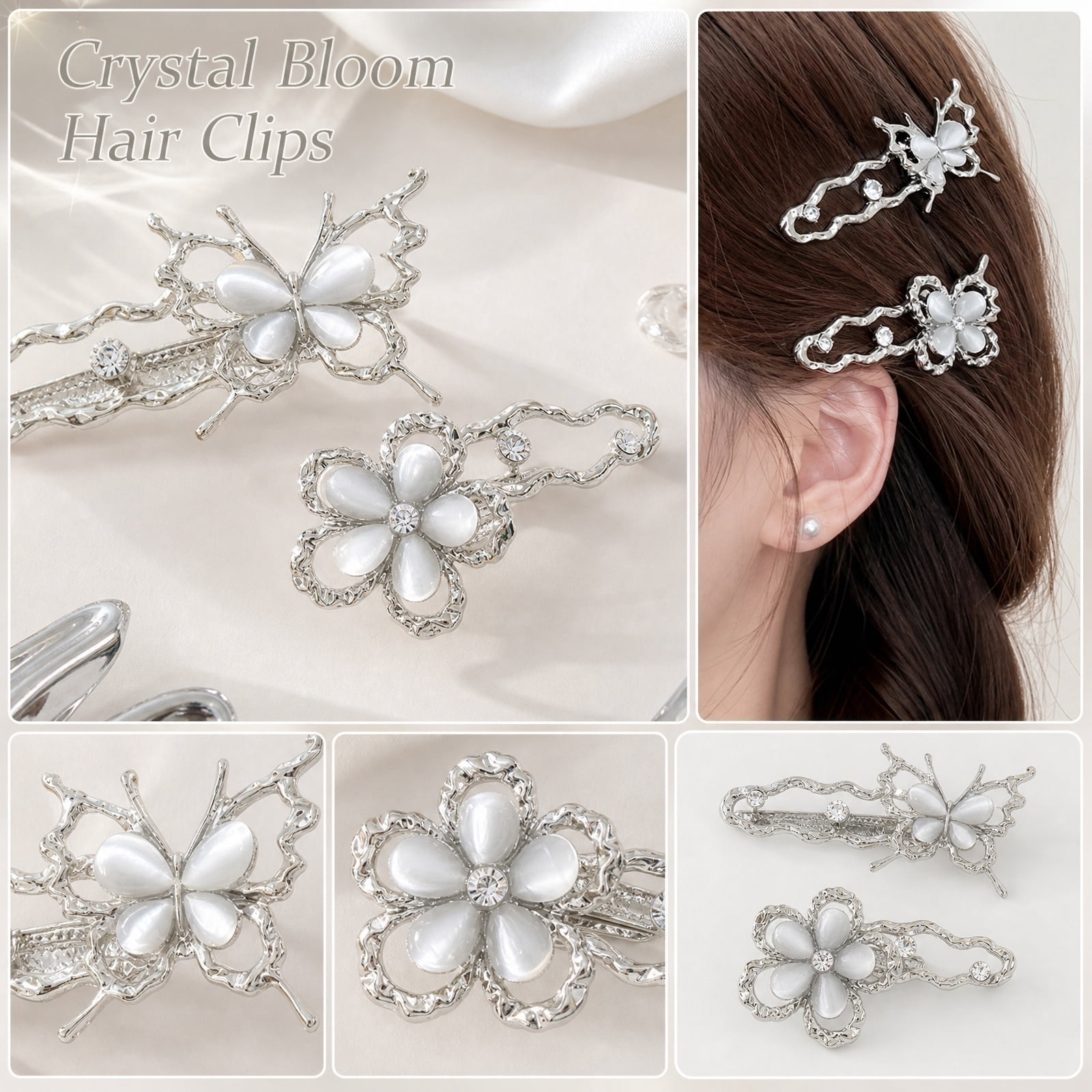 Barrette, Silver Mother of Pearl Butterfly Clip, Crystal Accent ...