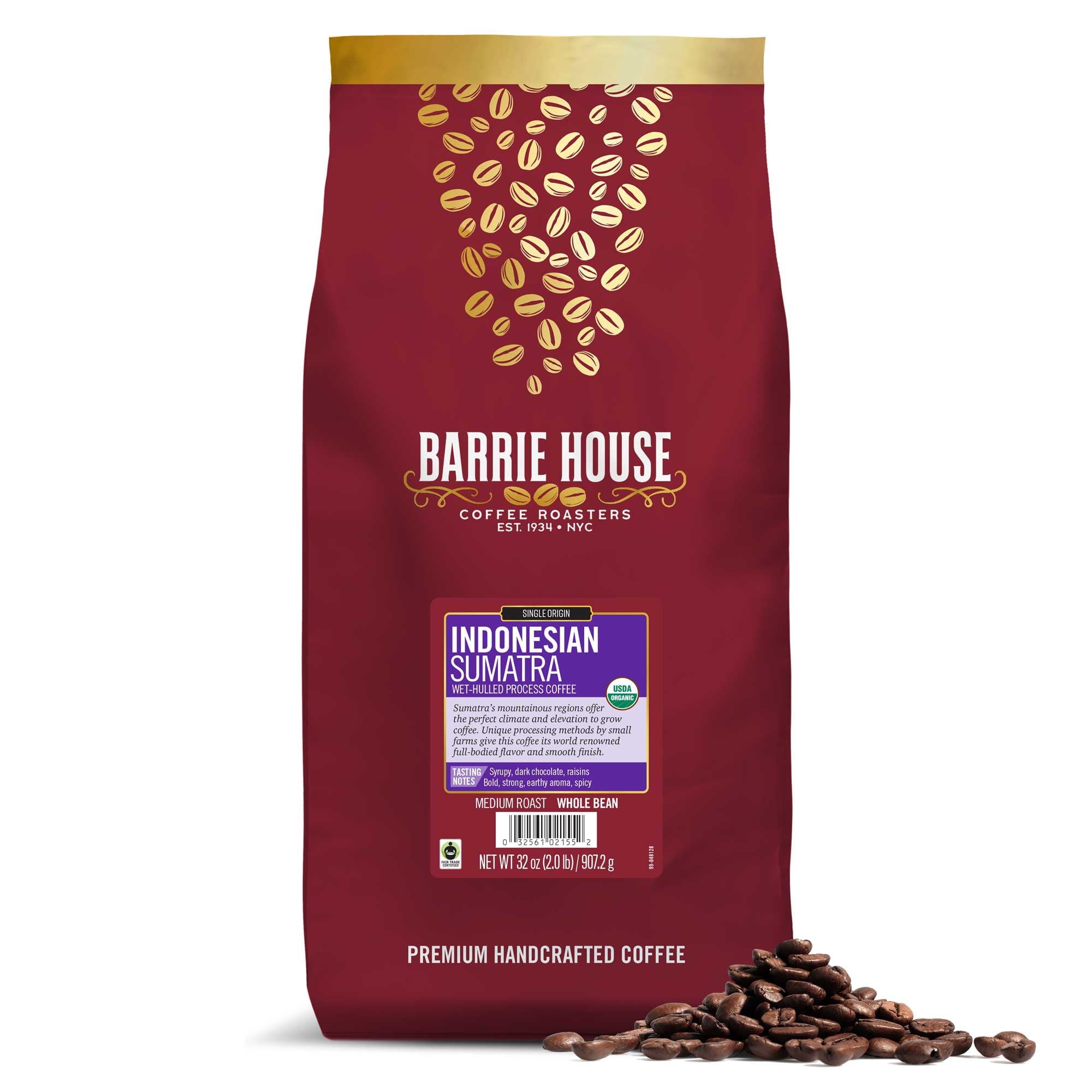 Barrie House Indonesian Sumatra Whole Bean Coffee, Organic, Medium Roast, 100% Arabica, 32 oz ...