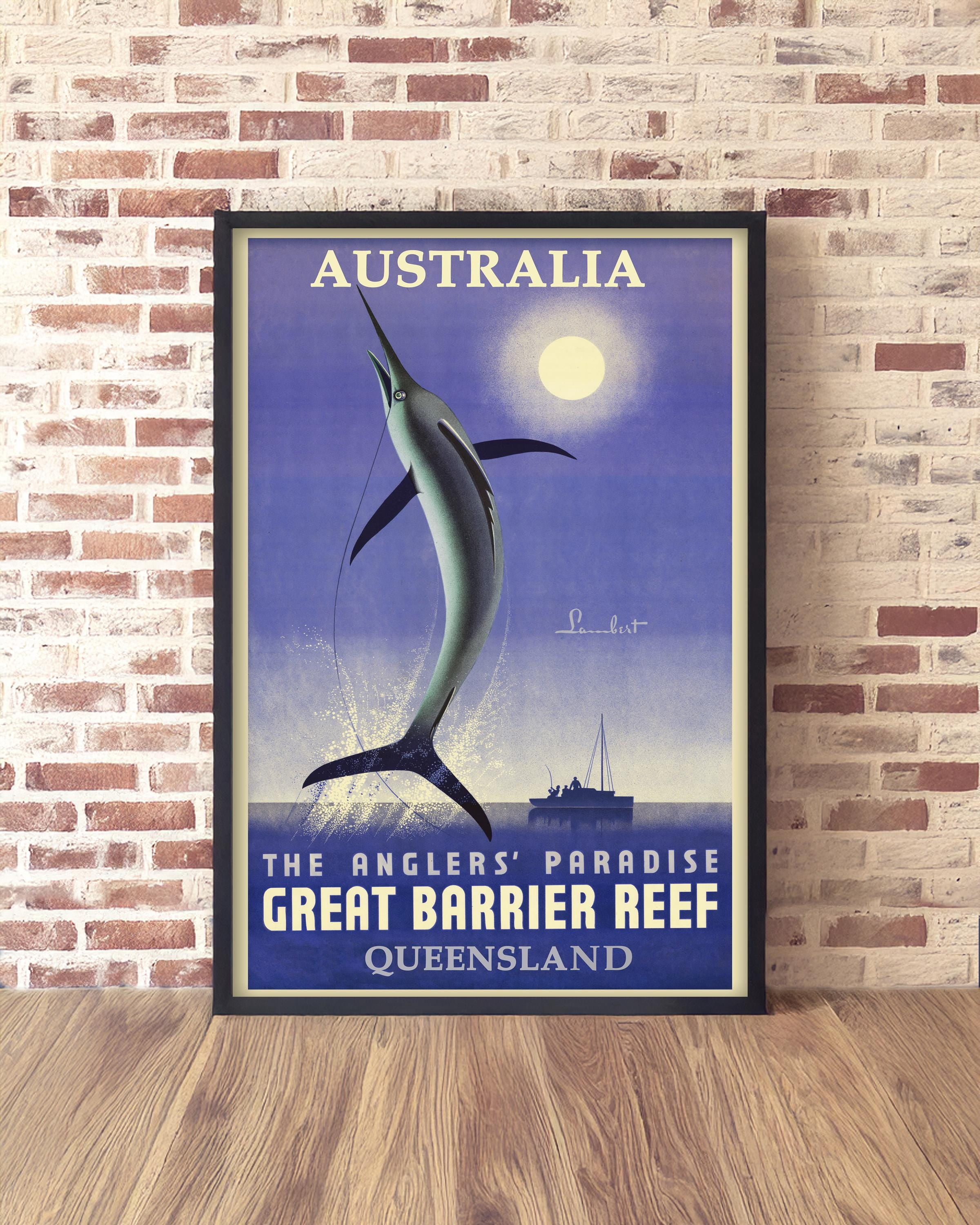 Barrier Reef Vintage Travel Poster, Art Deco Marlin Art , Poster Print ...