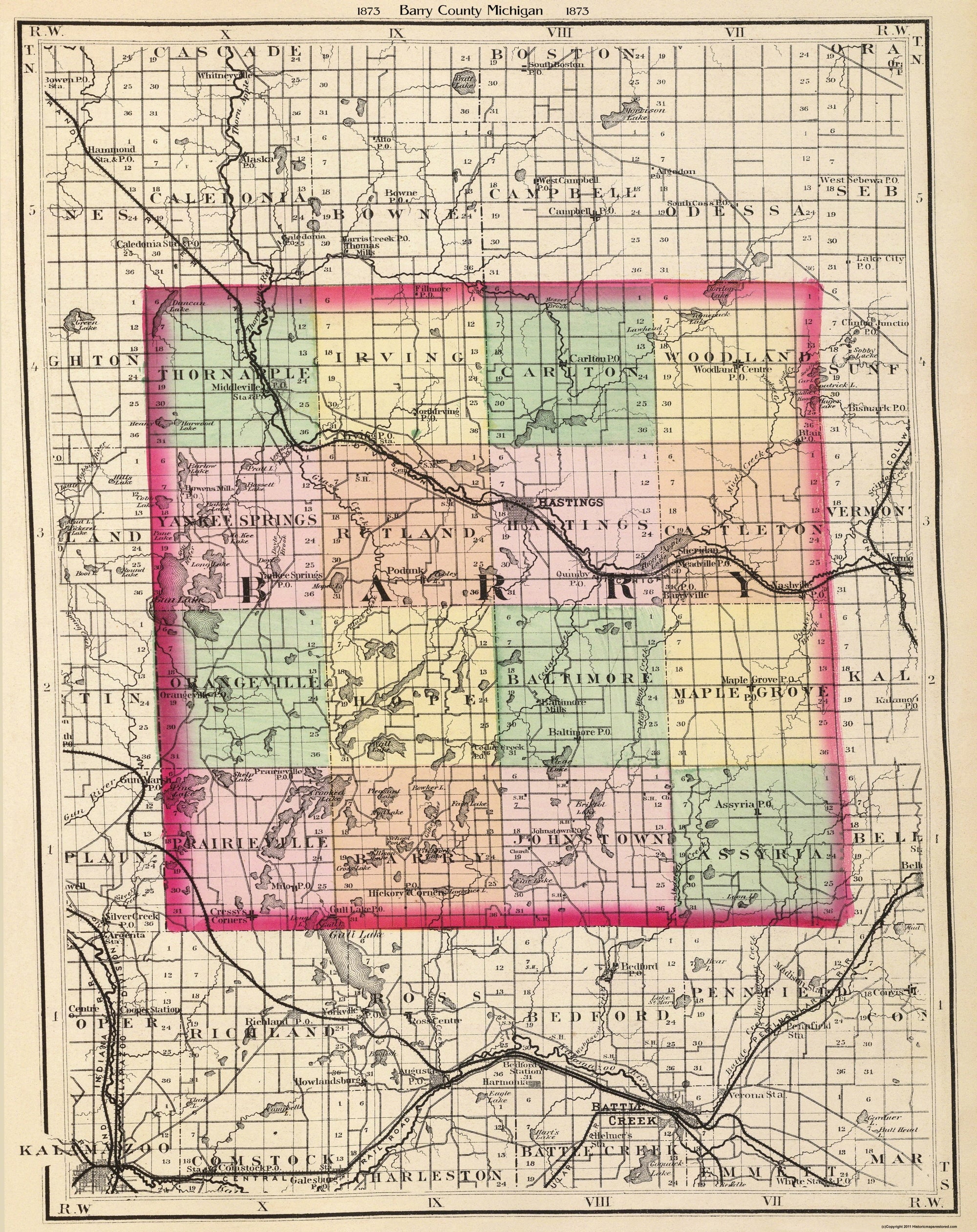 Historic County Map - Barry County Michigan - Walling 1873 - 23 x 29 ...