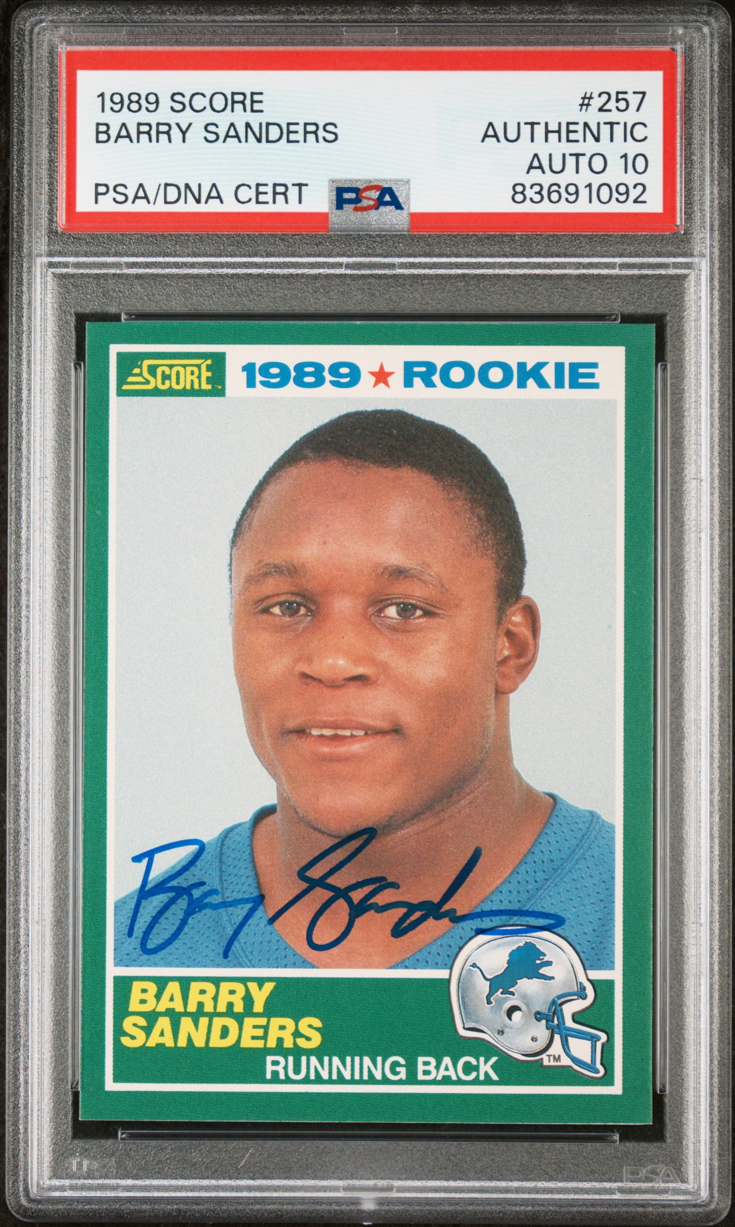 Barry Sanders 1989 Score Signed Football Rookie Card #257 Graded PSA 10 ...