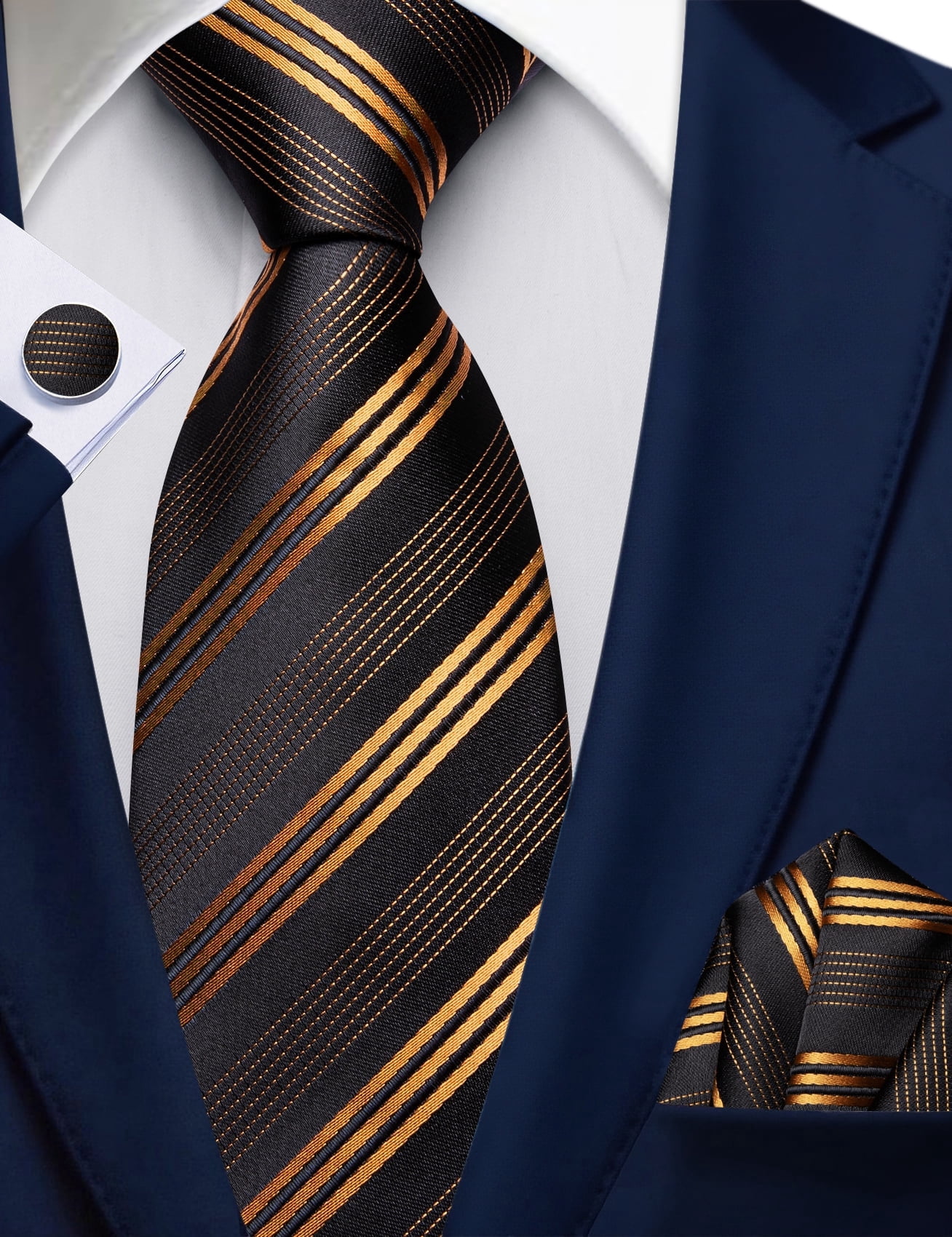 Barry.Wang Golden Silk Ties for Men Sets Woven Black Striped Formal ...