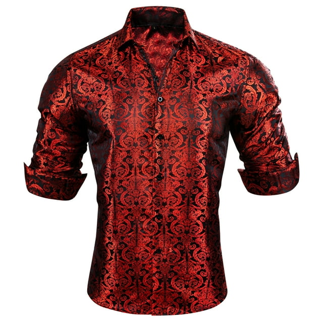 Barry.Wang Men Dress Shirts Paisley Design Woven Silk Dress Shirt Long ...