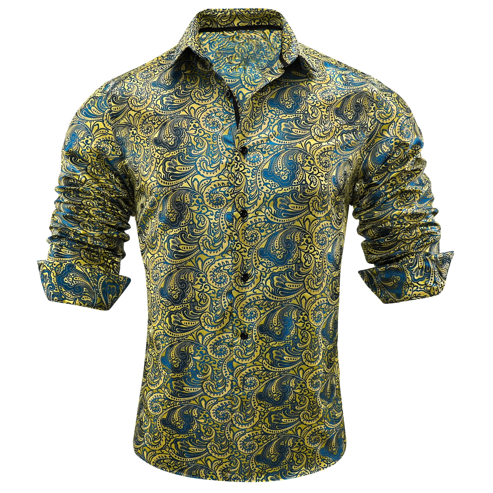 Barry.Wang Men Dress Shirts Paisley Design Woven Silk Dress Shirt Long Sleeve Fashion - Walmart.com