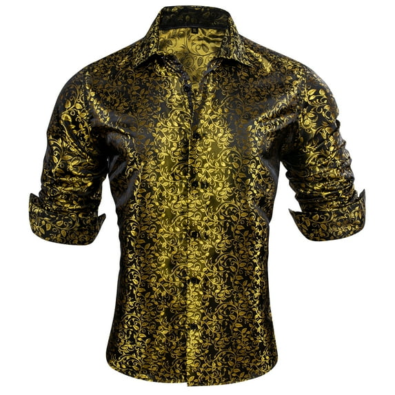 Barry.Wang Men Dress Shirts Paisley Design Woven Silk Dress Shirt Long ...