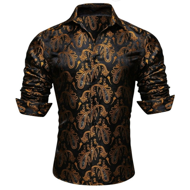 Barry.Wang Men Dress Shirts Paisley Design Woven Silk Dress Shirt Long ...