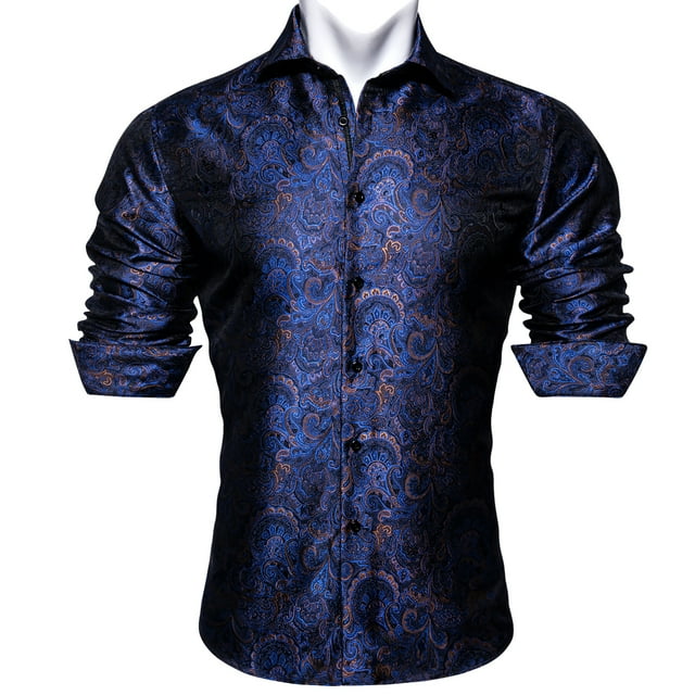 Barry.Wang Men Dress Shirts Paisley Design Woven Silk Dress Shirt Long ...