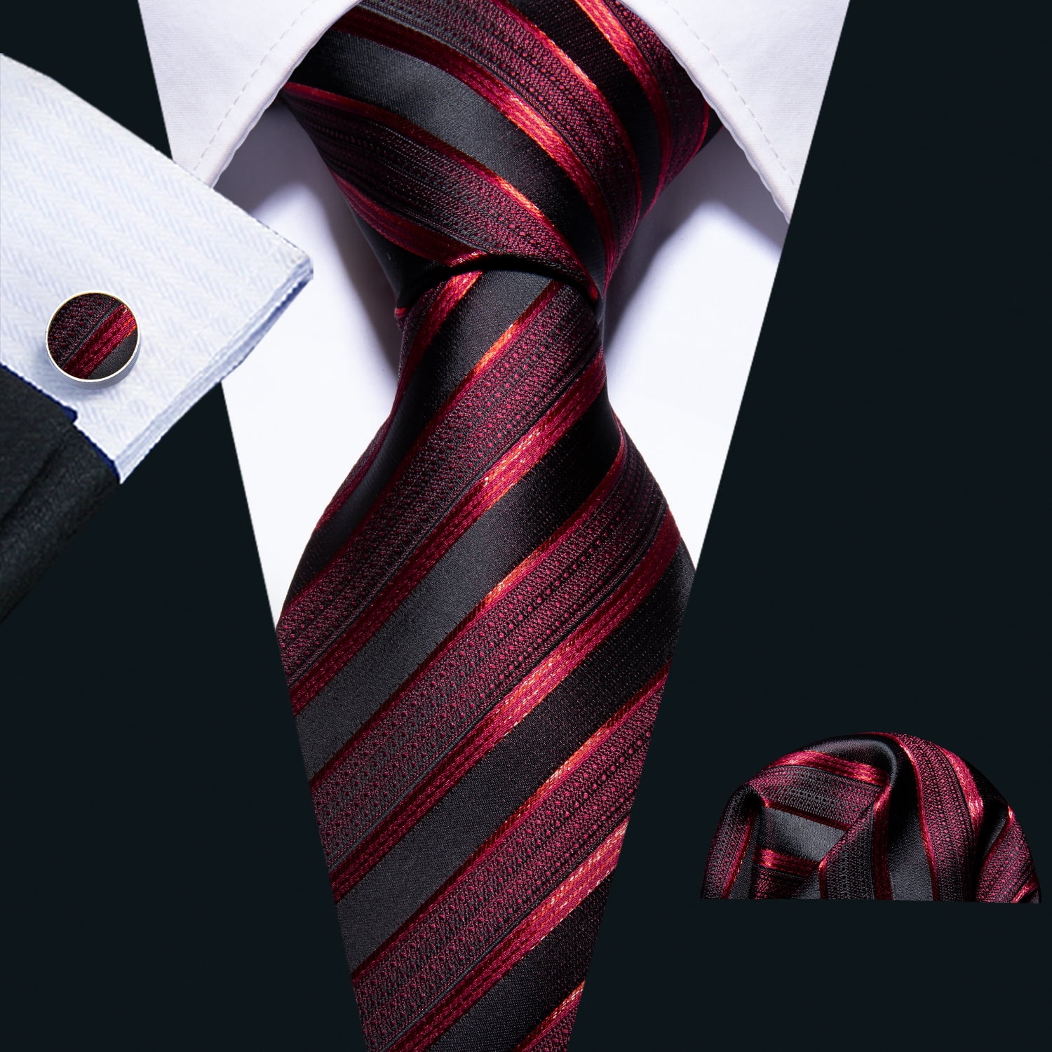 Barry Wang Men Stripe Necktie and Pocket Square Set Black Red Silk ...