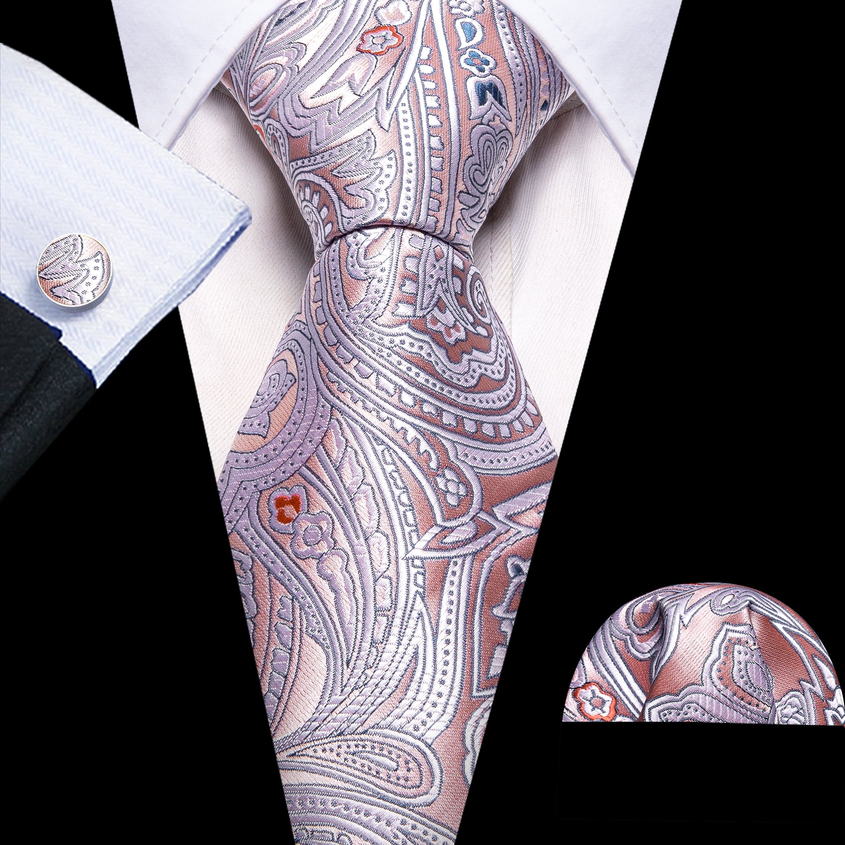 Barry.Wang Men's Tie Set with Handkerchief Cufflinks Flower Paisley ...