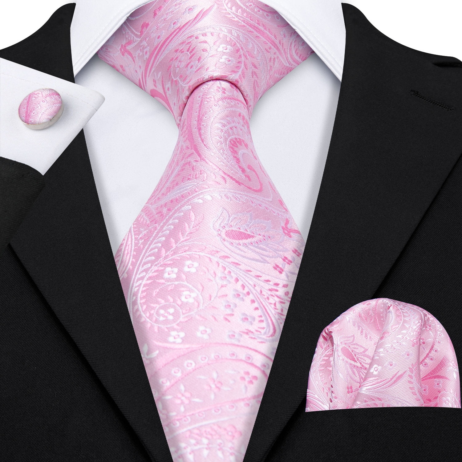 Barry.Wang Men's Tie Set with Handkerchief Cufflinks Flower Paisley ...
