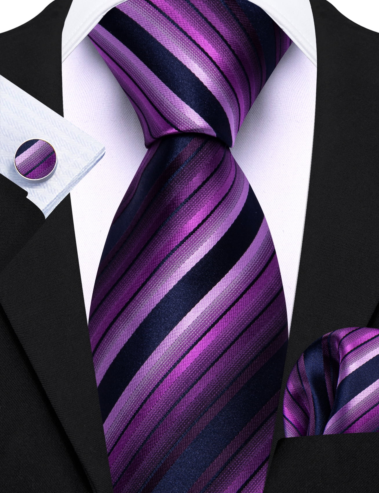 Barry.Wang Royal Purple Silk Ties for Men Sets Woven Black Striped ...