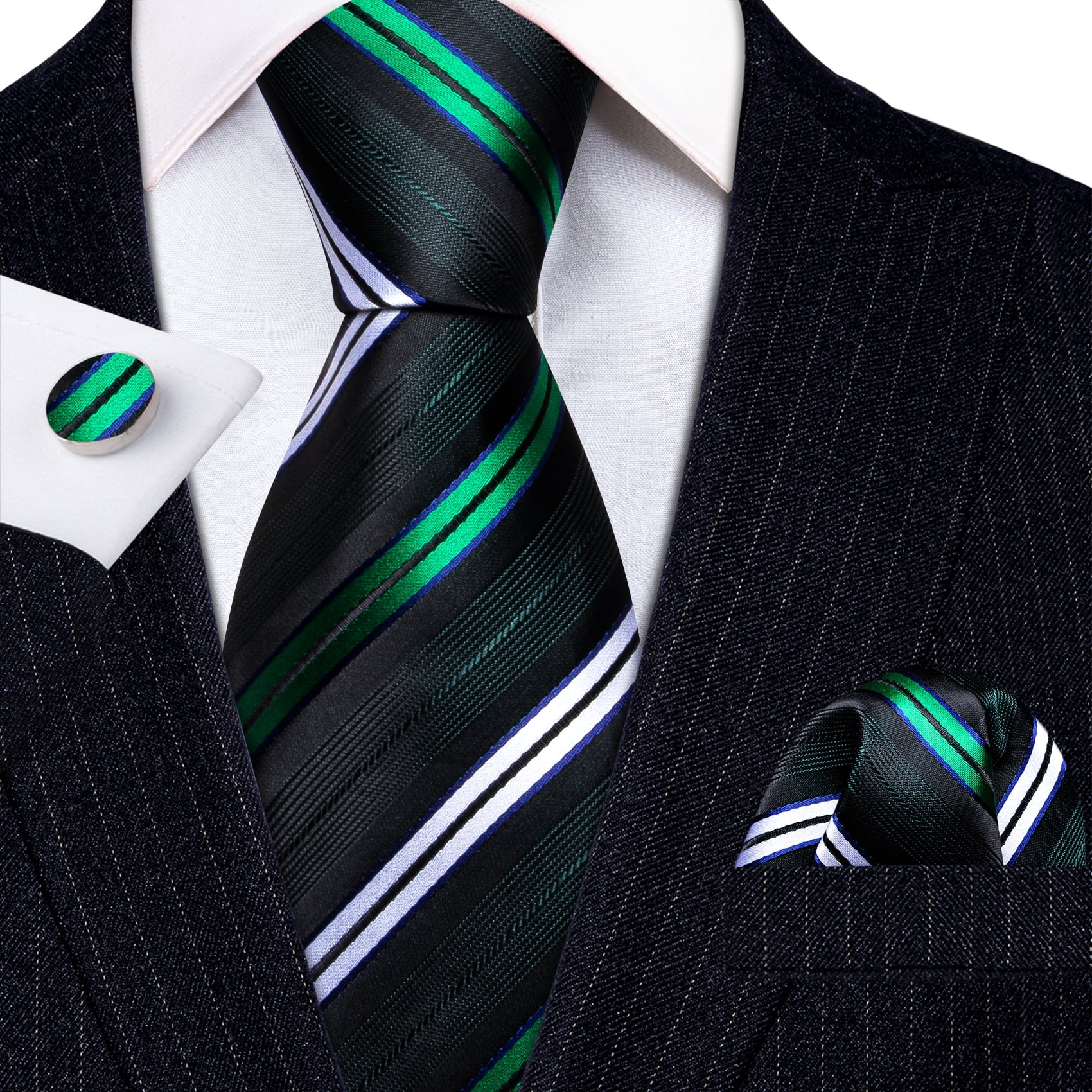 Barry Wang Stripe Silk Ties Set for Men, Pocket Square Cufflinks ...
