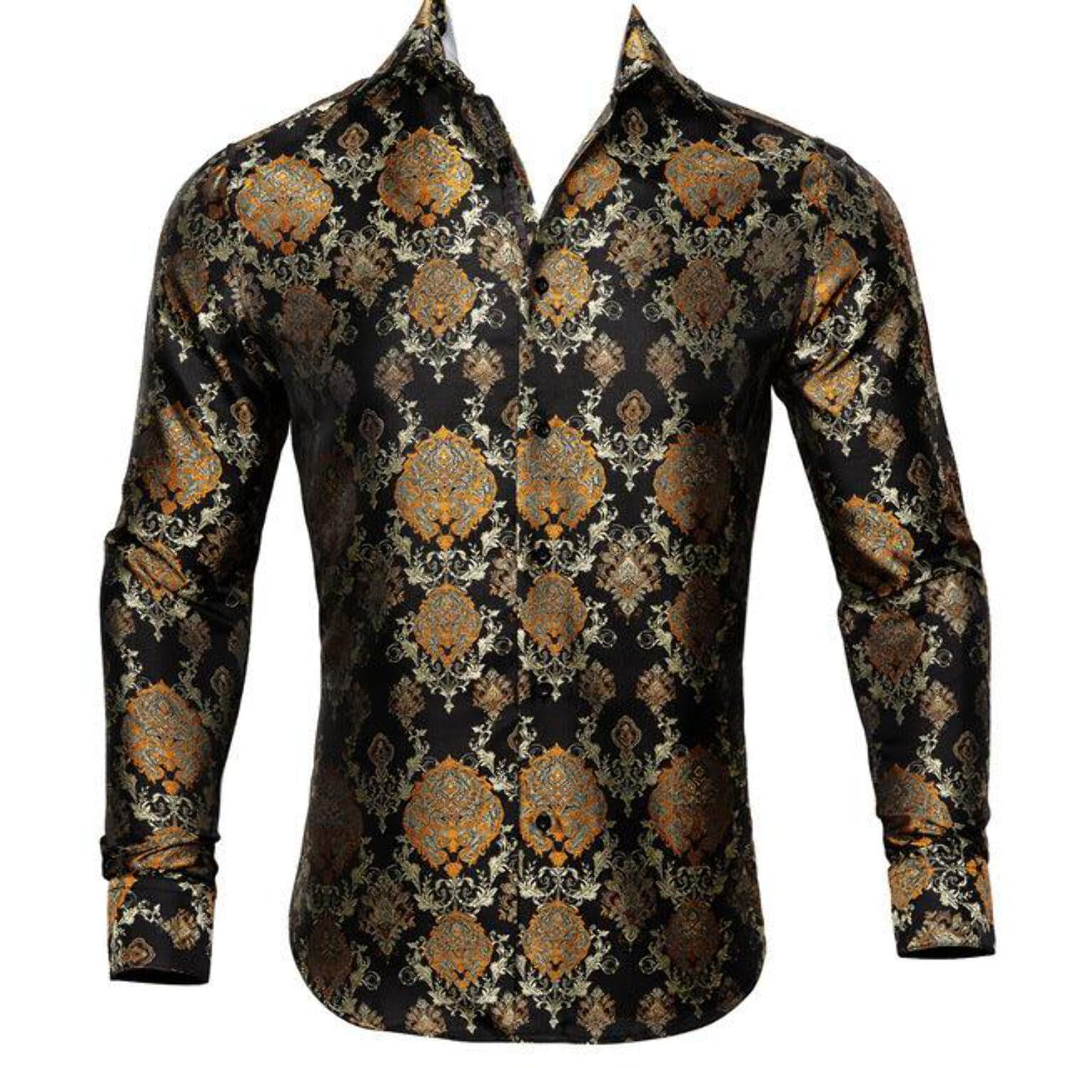 Barry.Wang Teal Paisley Floral Silk Shirts Men Autumn Long Sleeve Casual Flower Shirts For Men ...