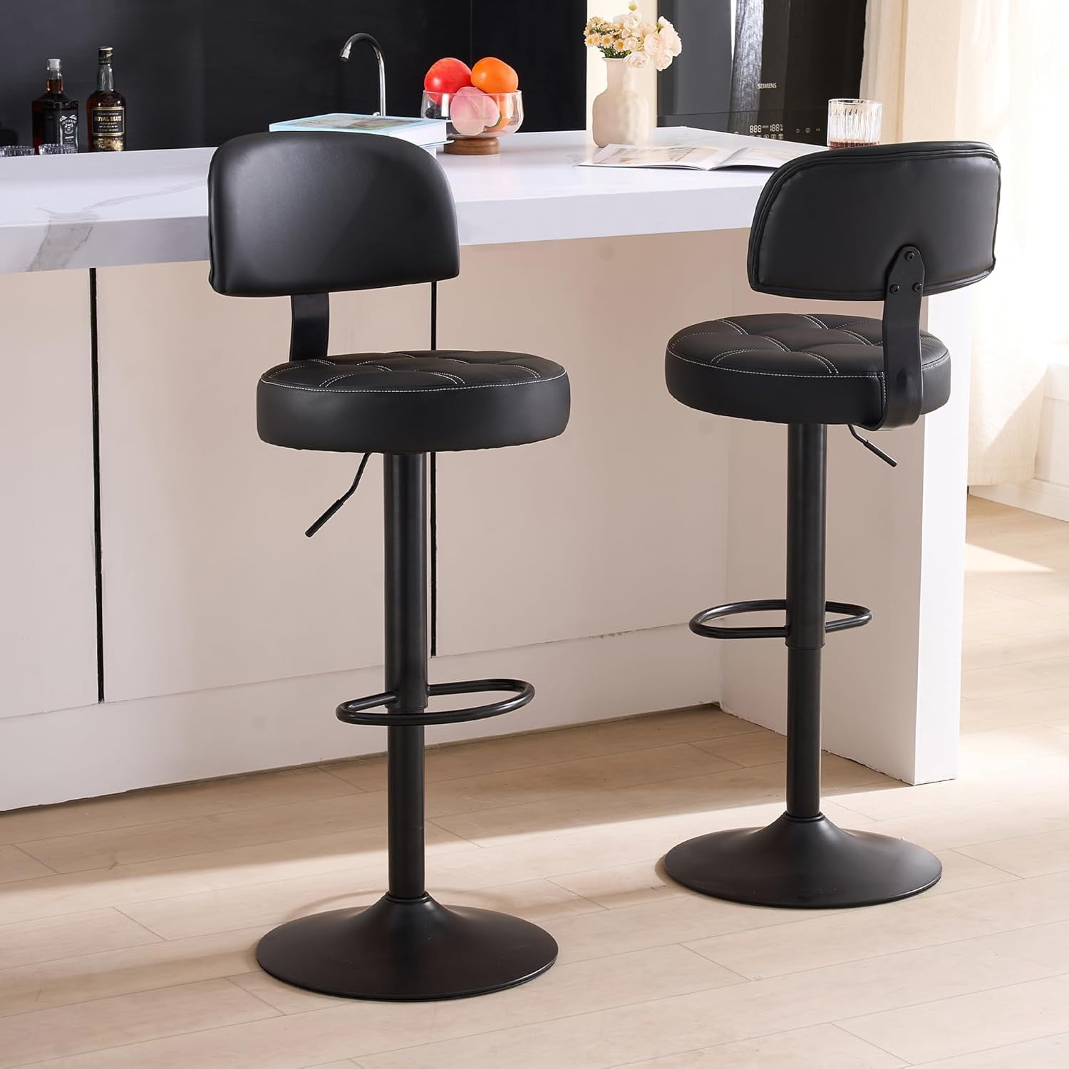 Barstools Set of 2, Height Adjustable Modern Counter Stool with Back & Footrest PU Leather ...