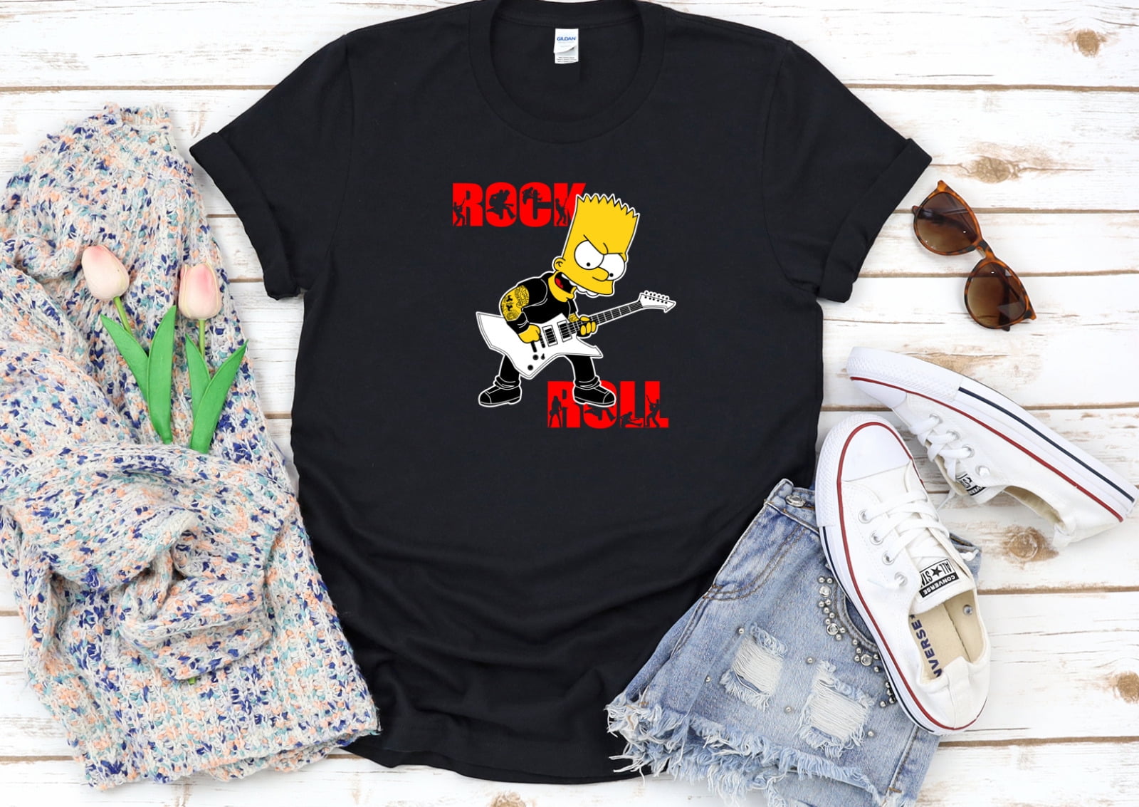 Bart Simpson Figure Rock Roll, 3/4 Short Sleeve White Black Women T ...