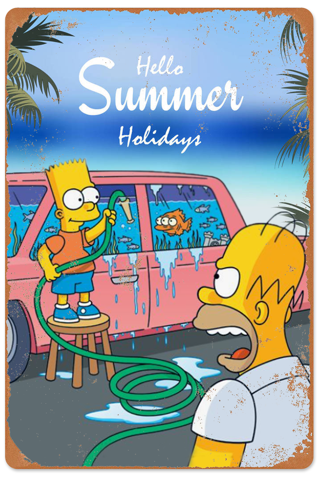 Bart Simpsons Washing Car Metal Poster Retro Hello Summer Holiday Wall ...