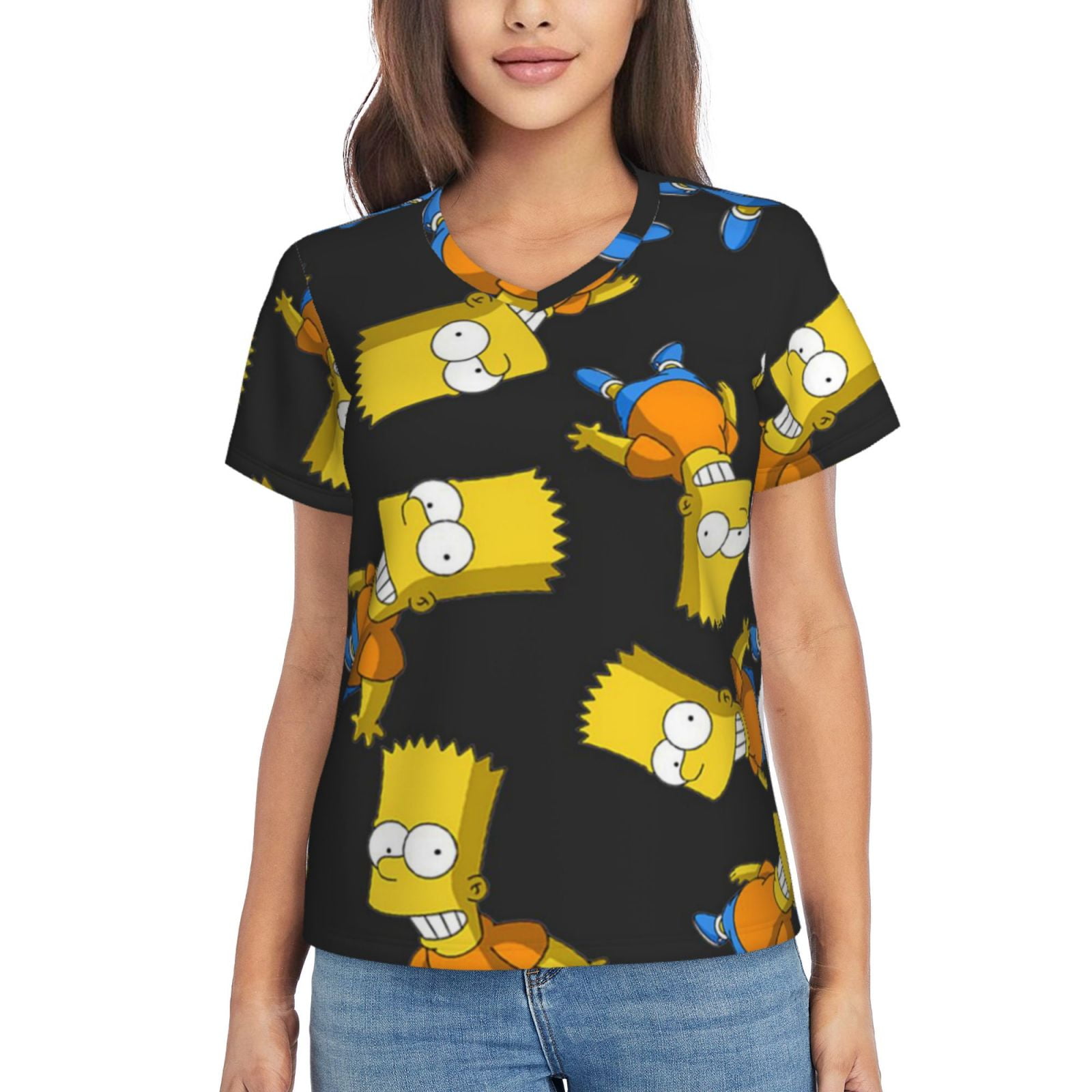 Bart The Simpsons Cartoon Women's T Shirts Casual V-Neck Tee Shirt ...