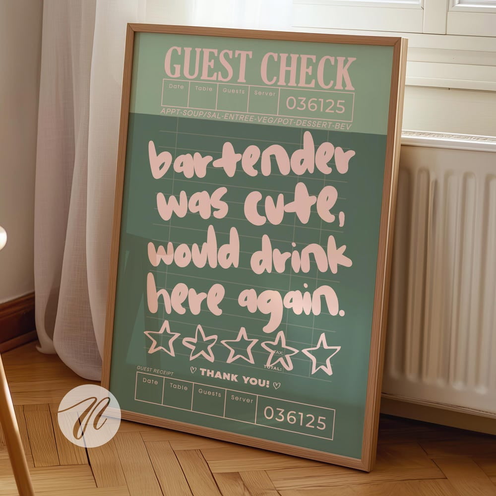 Bartender Guest Check Print: Sage Green & Pink Preppy Bar Cart Art ...