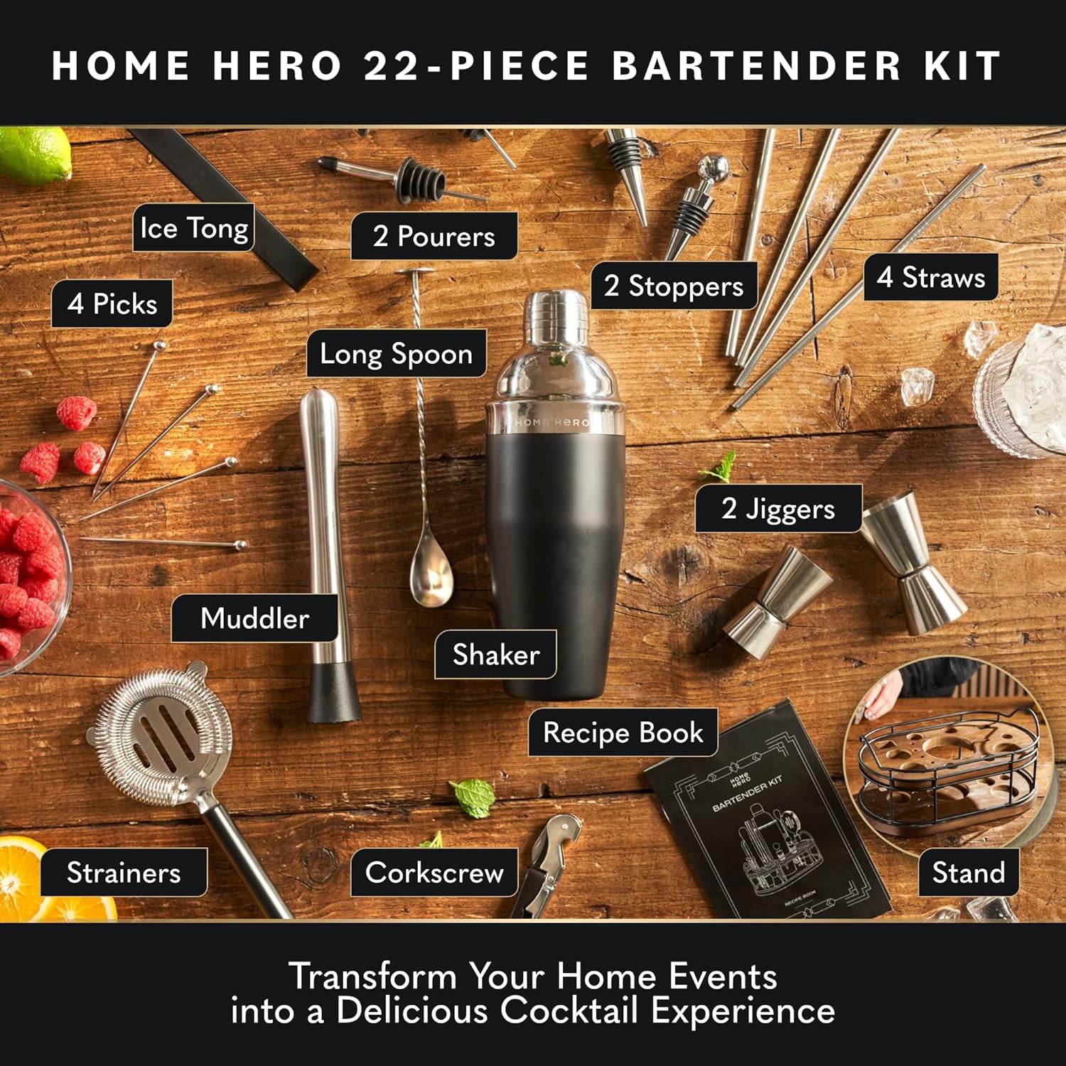 Bartender Kit - 22-Piece Cocktail Shaker & Bar Tool Set - Wooden Stand ...