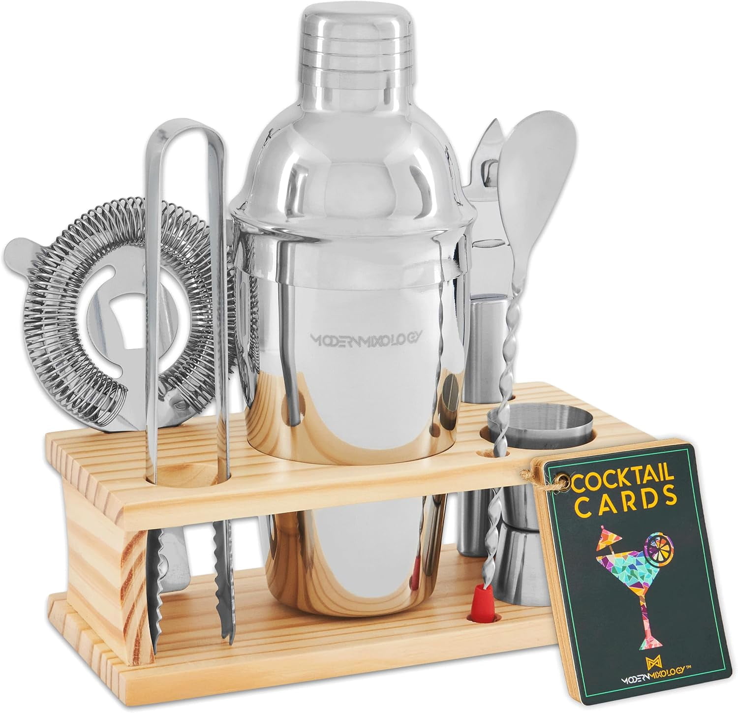Bartender Kit - 8-Piece Cocktail Shaker Set with Wood Stand, Recipe ...