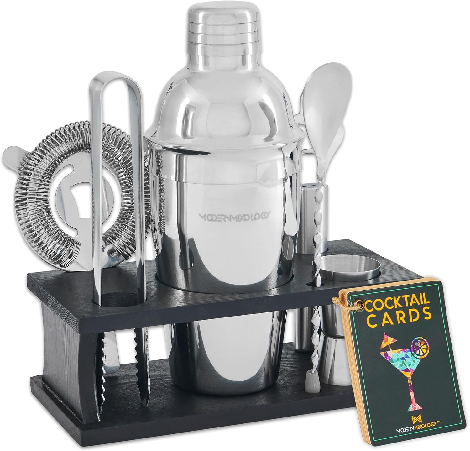 Bartender Kit - 8-Piece Cocktail Shaker Set with Wood Stand, Recipe ...