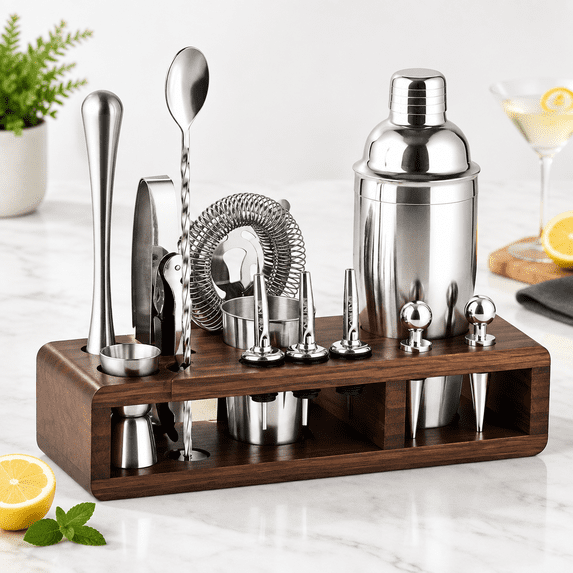 Bartender Kit - Stainless-steel Cocktail Shaker Set W/black Stand ...