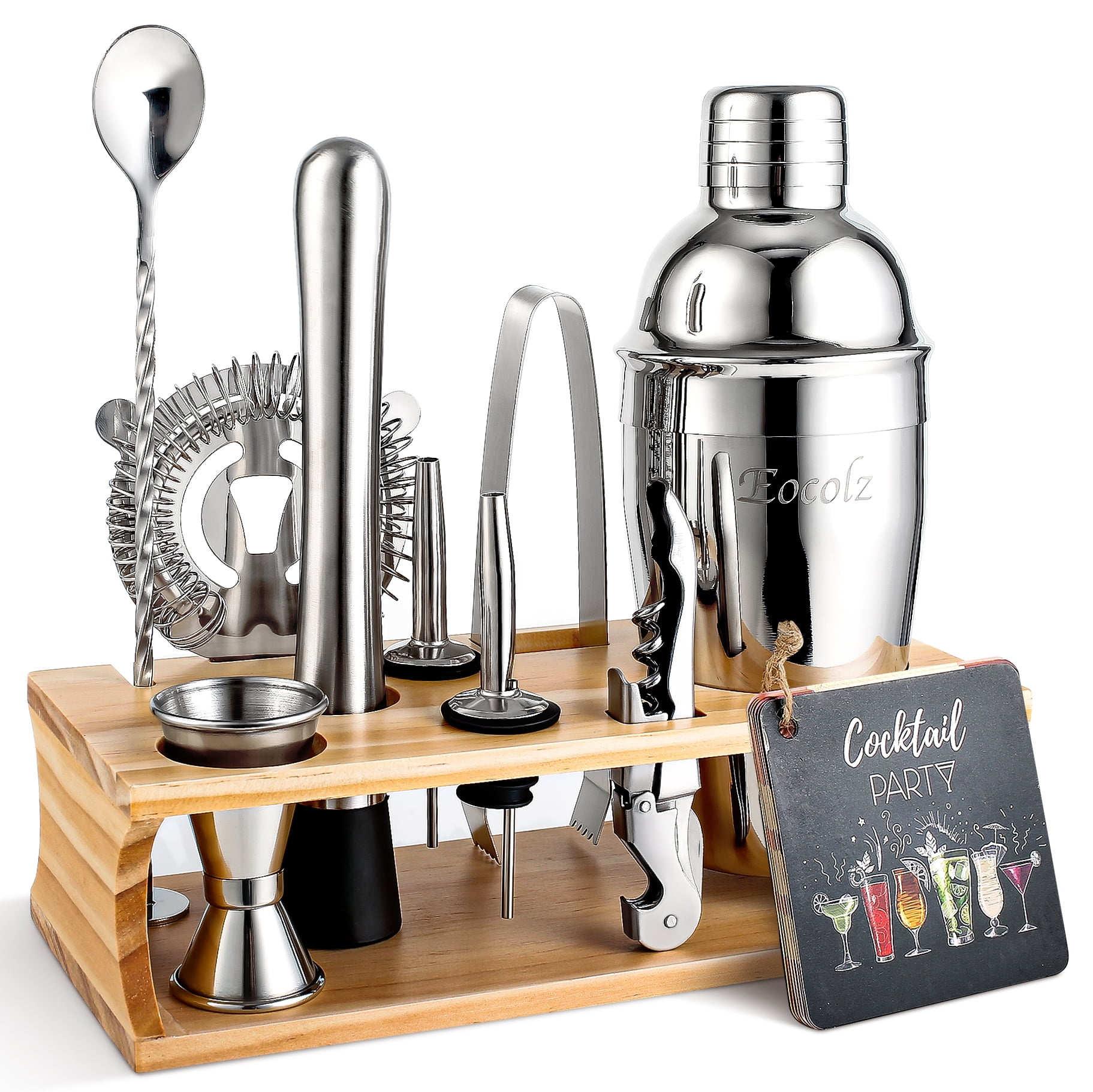 25oz Stainless Steel Bartender Kit, 11-Piece Bar Set with Bamboo Stand ...