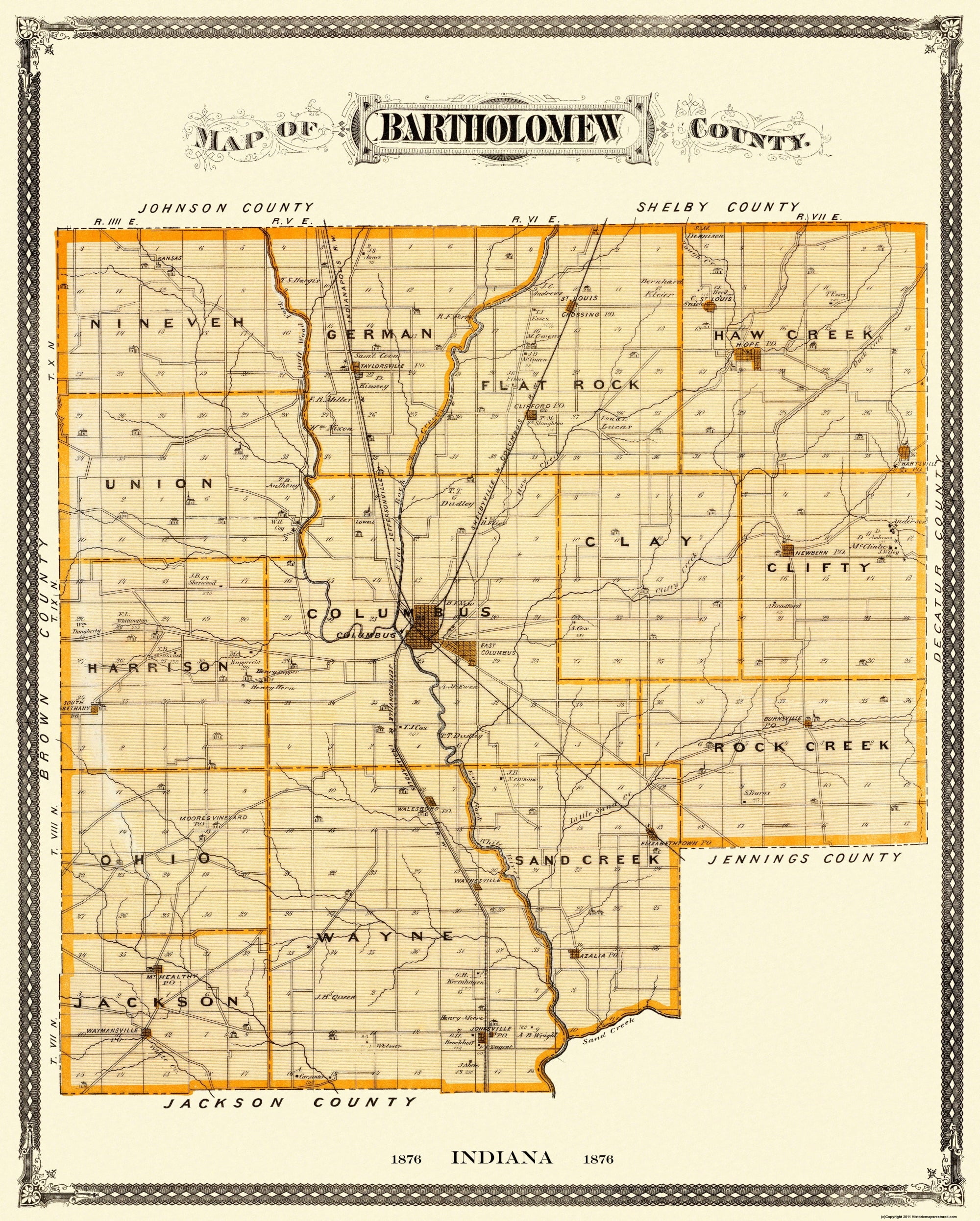 Historic County Map - Bartholomew County Indiana - Andreas 1876 - 23 x ...