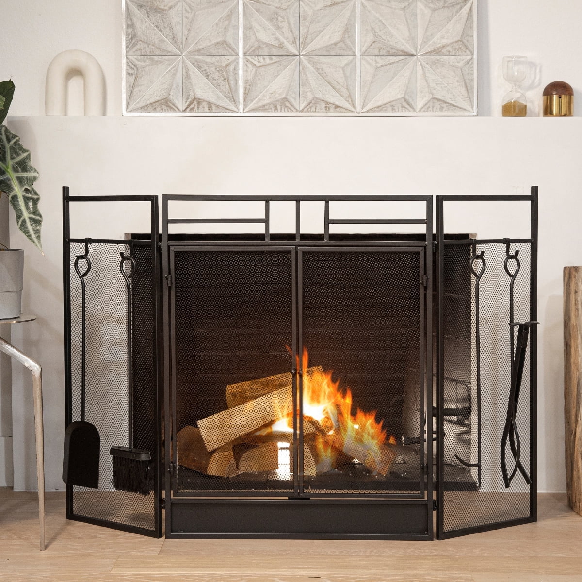 Barton 3-Panel Fireplace Screen with Doors Guard Fire Screens with 4pcs ...