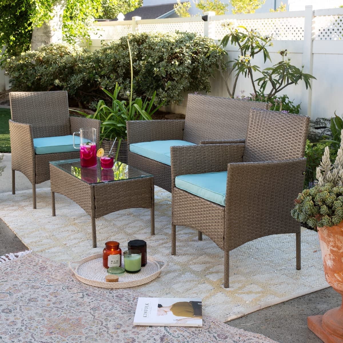 Barton 4-Piece Outdoor Patio Furniture Set with Sofa, 2 Chairs & Glass ...