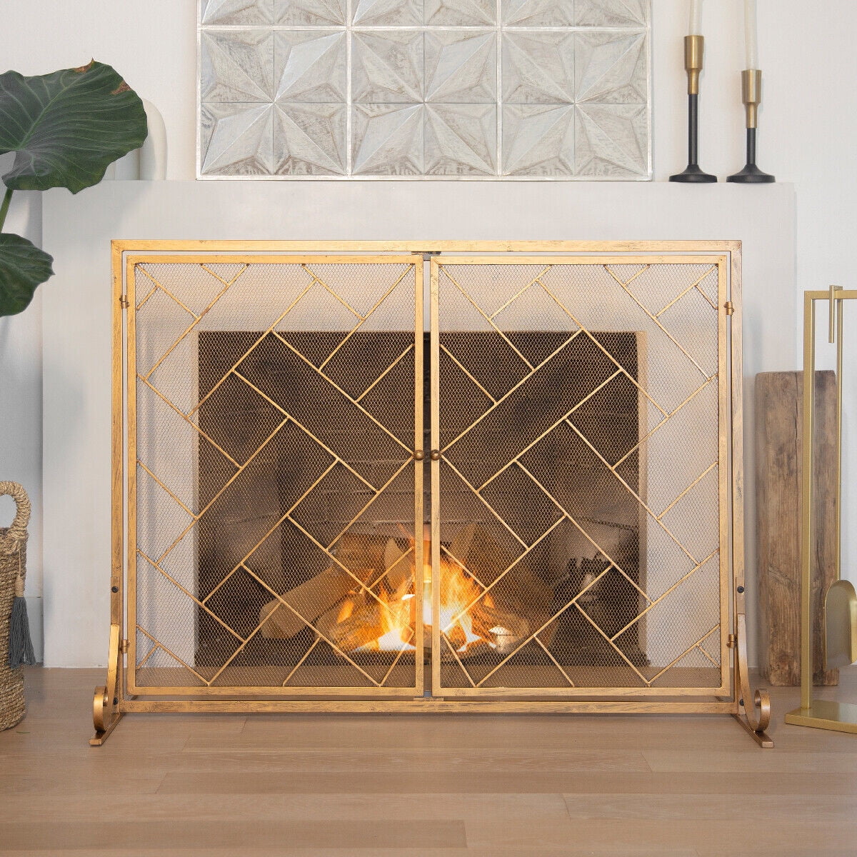Barton 44" x 33" Fireplace Screen 2-Panel Iron Mesh Spark Guard ...
