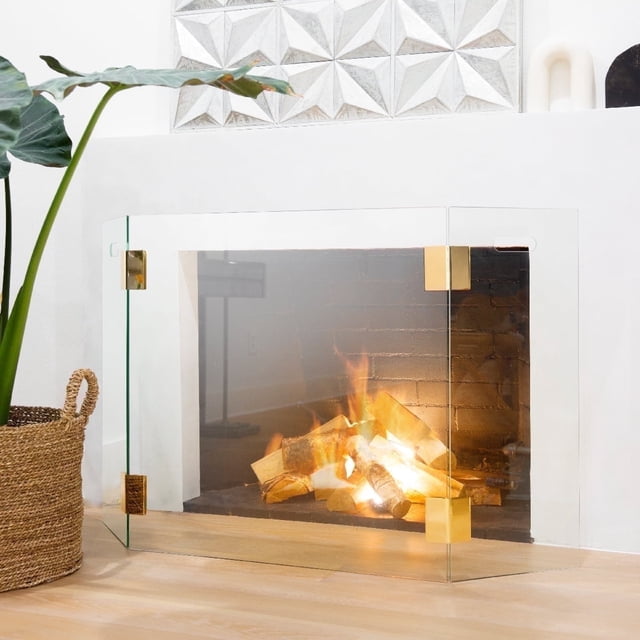 Barton Premium Tempered Glass Fireplace Screen, 3-Panel 47" x 30" Glass ...