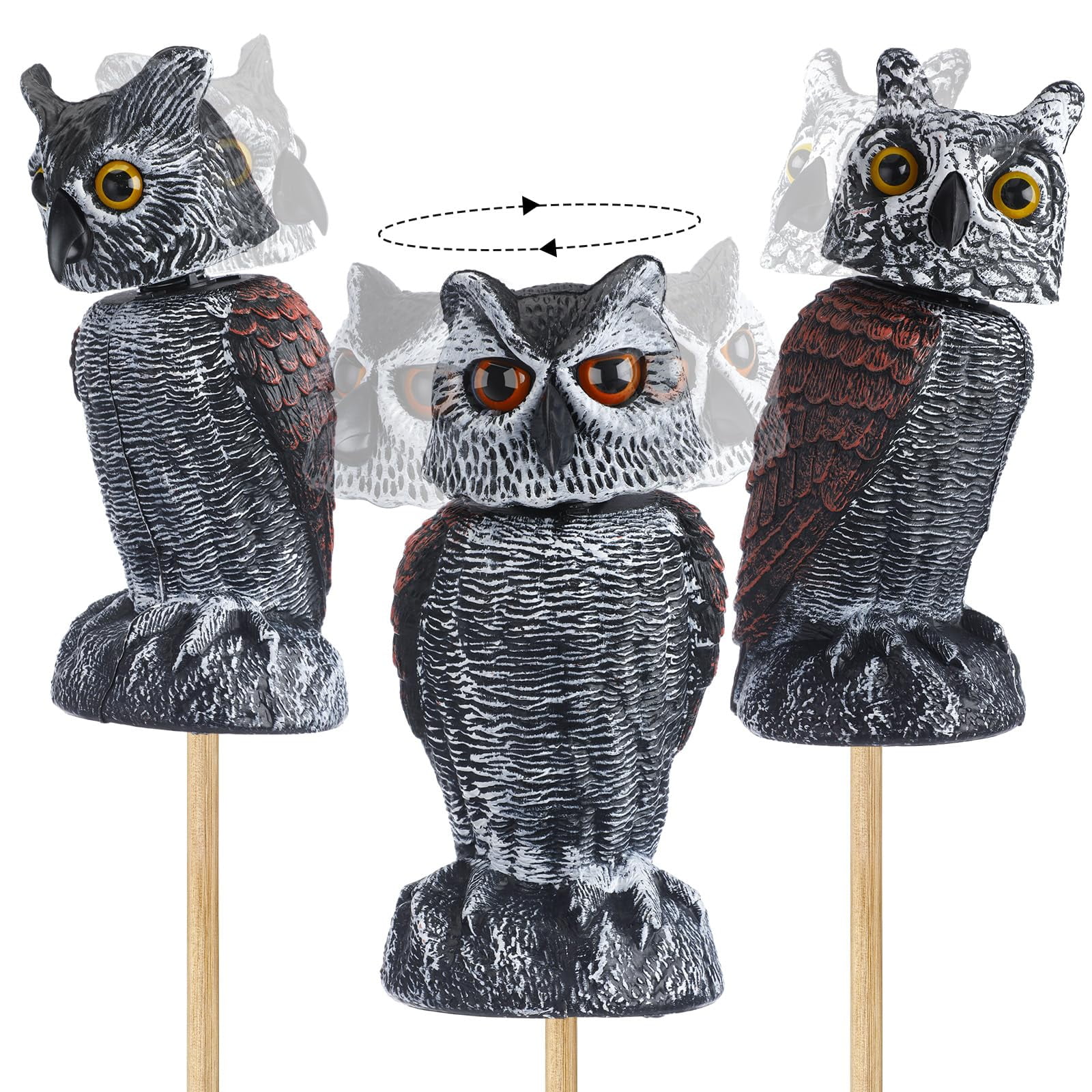 Barydat 3 Pack Fake Owl Decoys to Scare Away, Rotating Head Plastic Owl ...