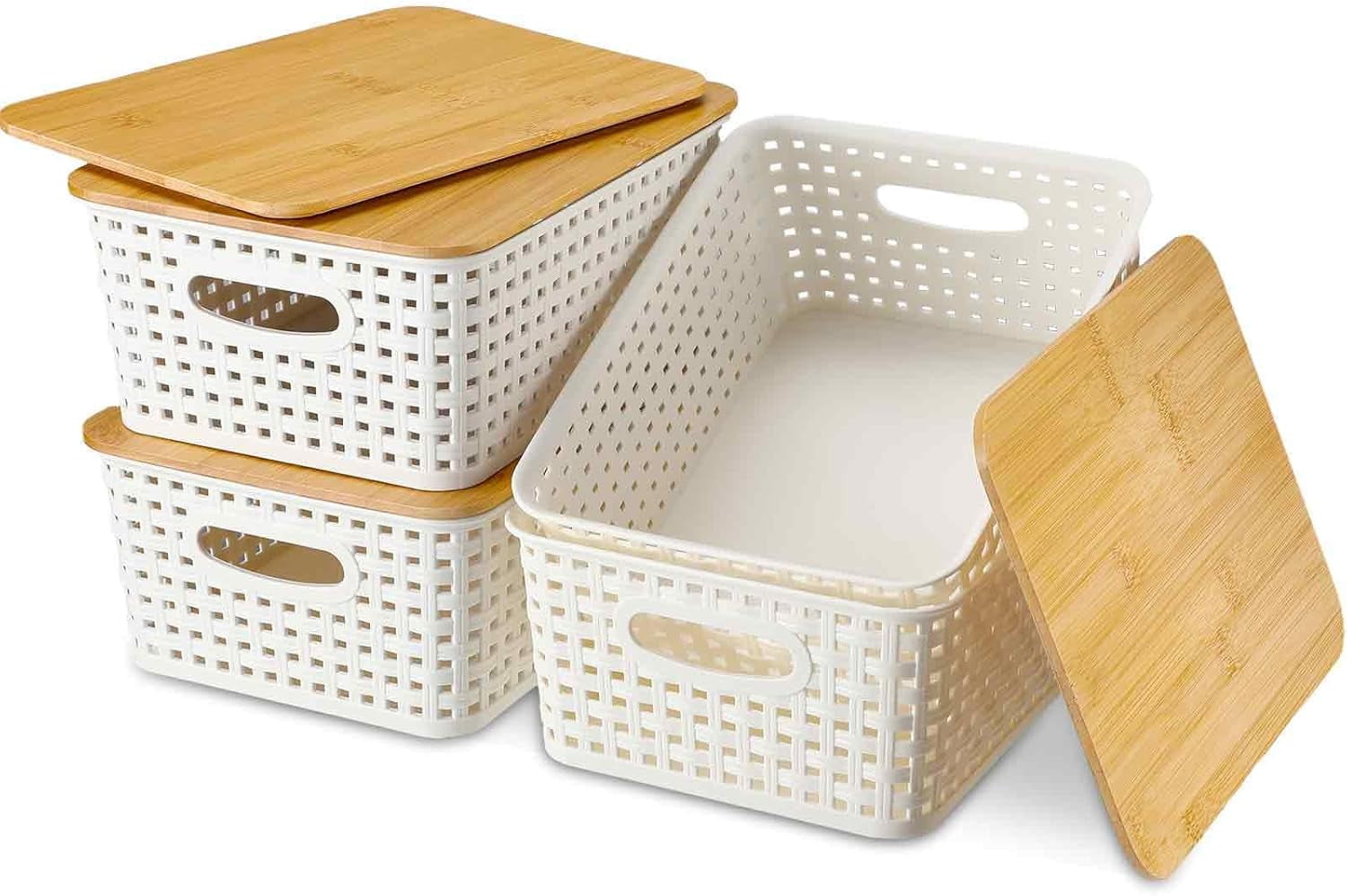 Barydat 4 Pack Plastic Storage Baskets with Bamboo Lid Pantry ...