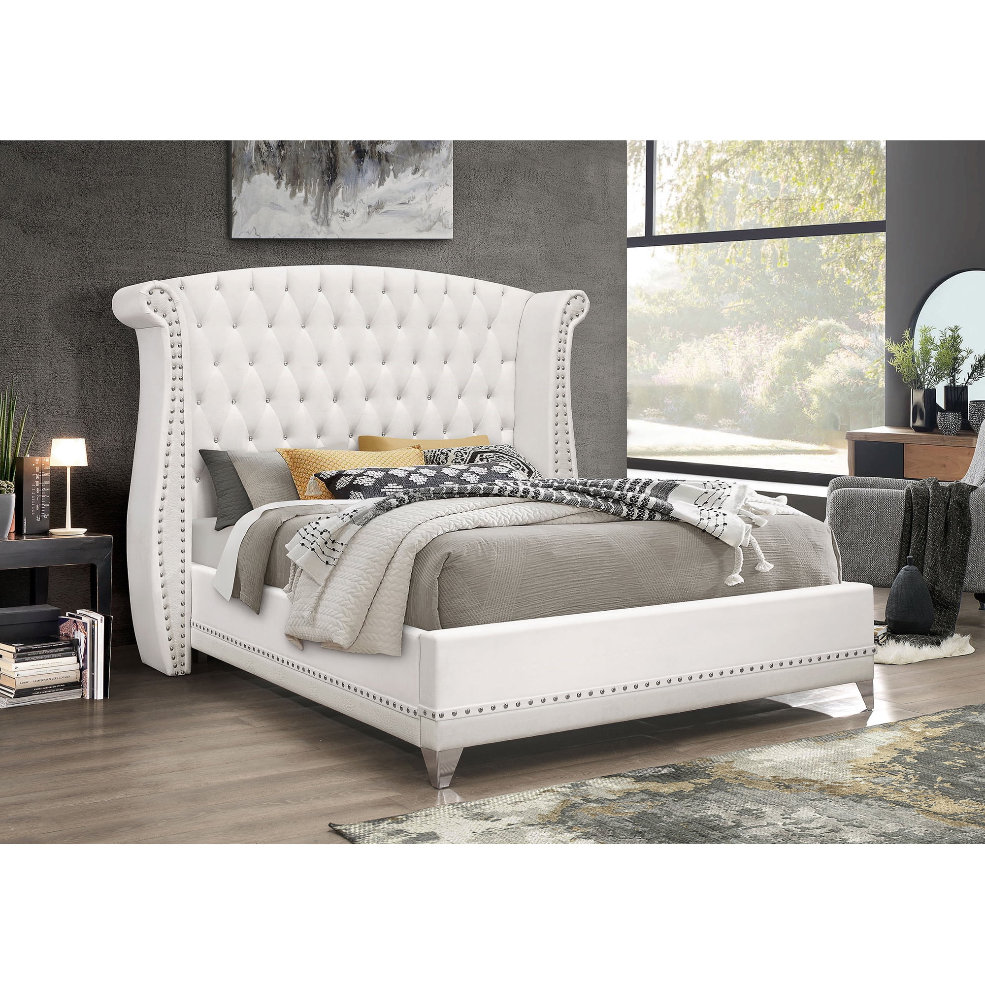 Barzini White Upholstered Eastern King Wingback Bed - Walmart.com