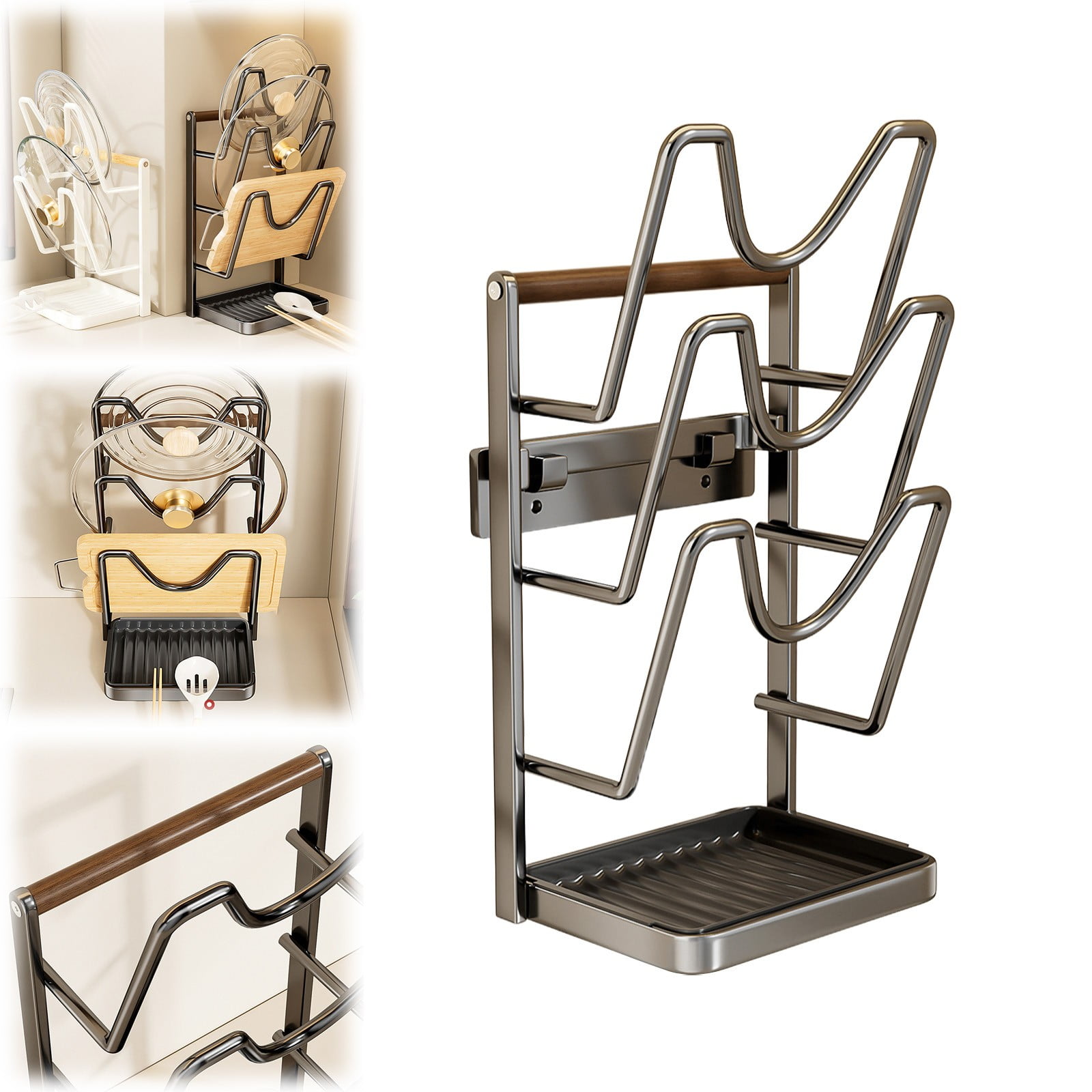 Basdi Wood Grain Wall-Mounted Pot Lid Rack - No-Drill Multi-Layer ...