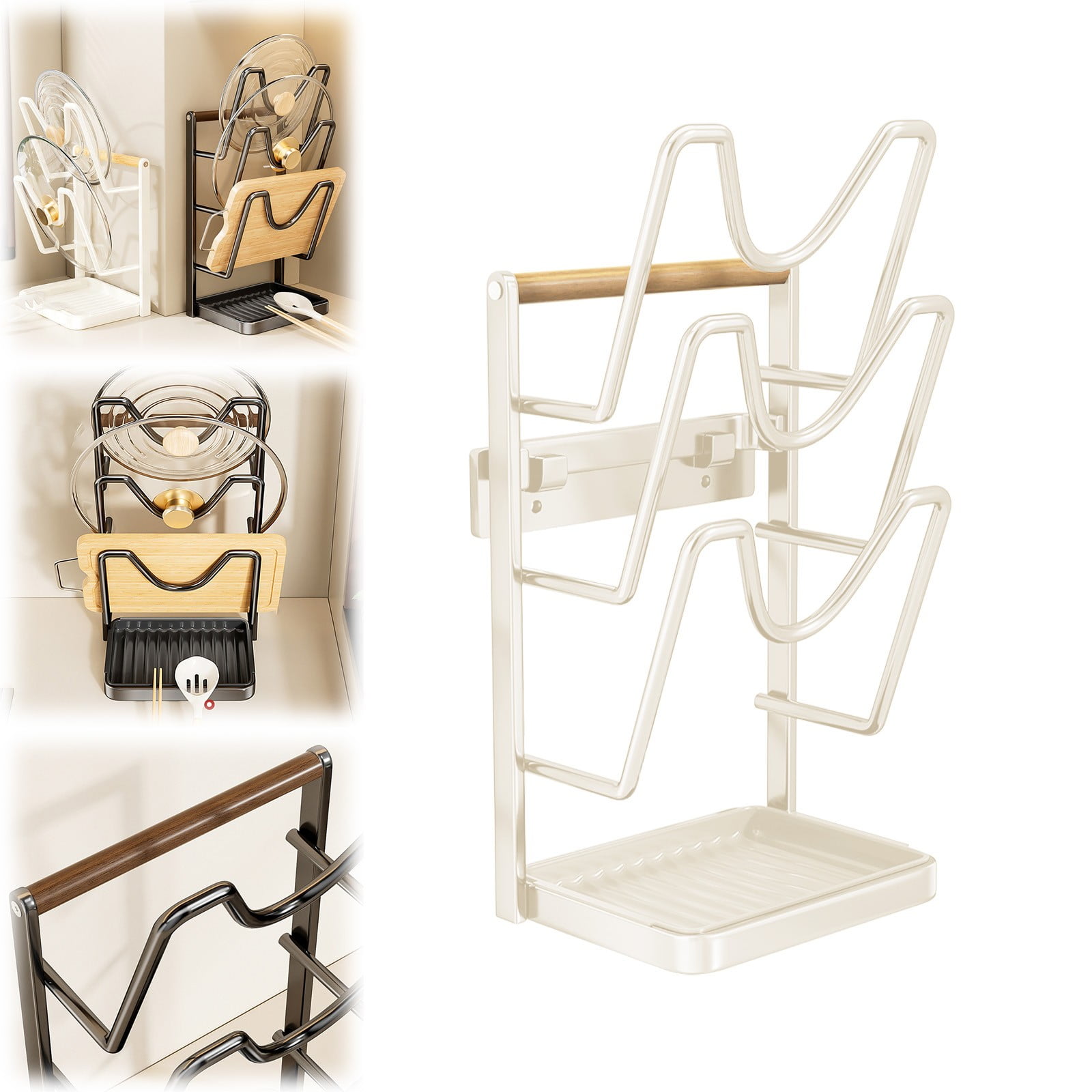 Basdi Wood Grain Wall-Mounted Pot Lid Rack - No-Drill Multi-Layer ...