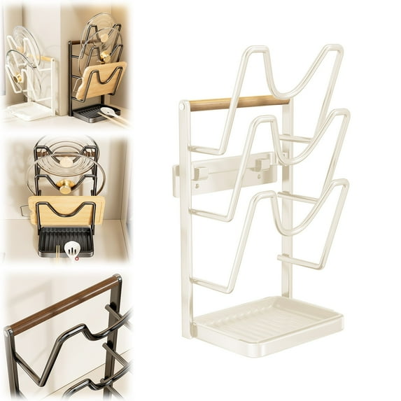 Basdi Wood Grain Wall-Mounted Pot Lid Rack - No-Drill Multi-Layer ...