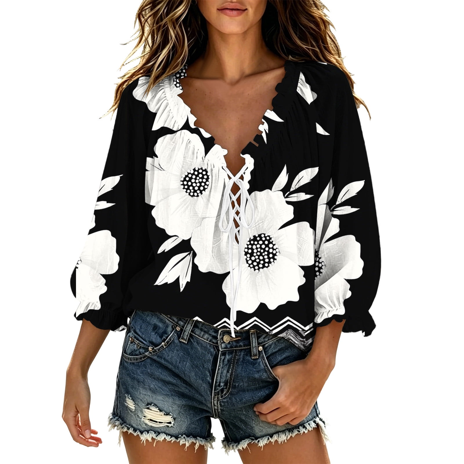 Base White Big Floral Print Lace Up Blouse V Neck Ruffle Cuff 3/4 ...