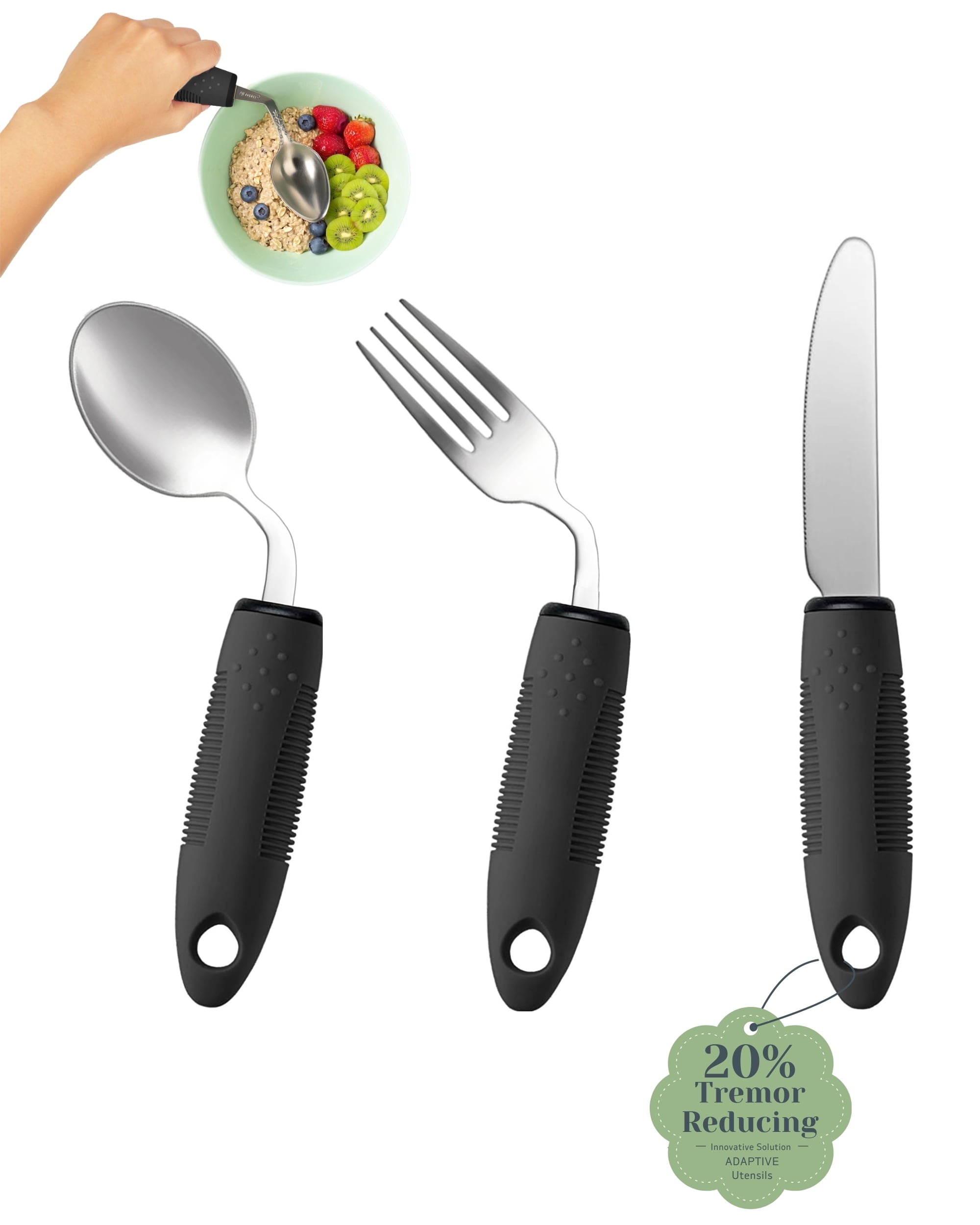 BaseSmall 3-Piece Adaptive Utensils Set - 42°Angled Parkinsons Utensils ...