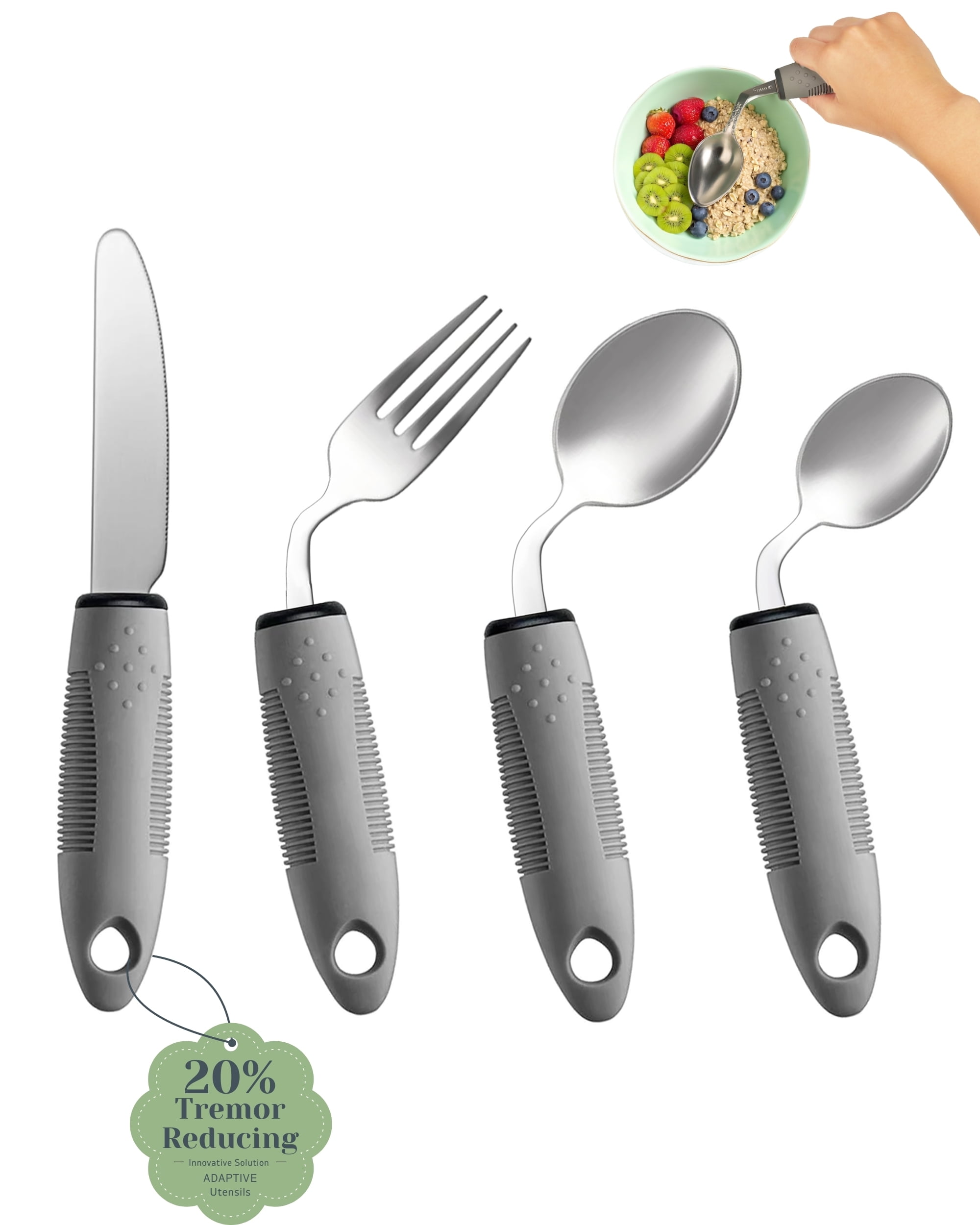 BaseSmall 4-Piece Adaptive Utensils Set - 42°Angled Parkinsons Utensils ...