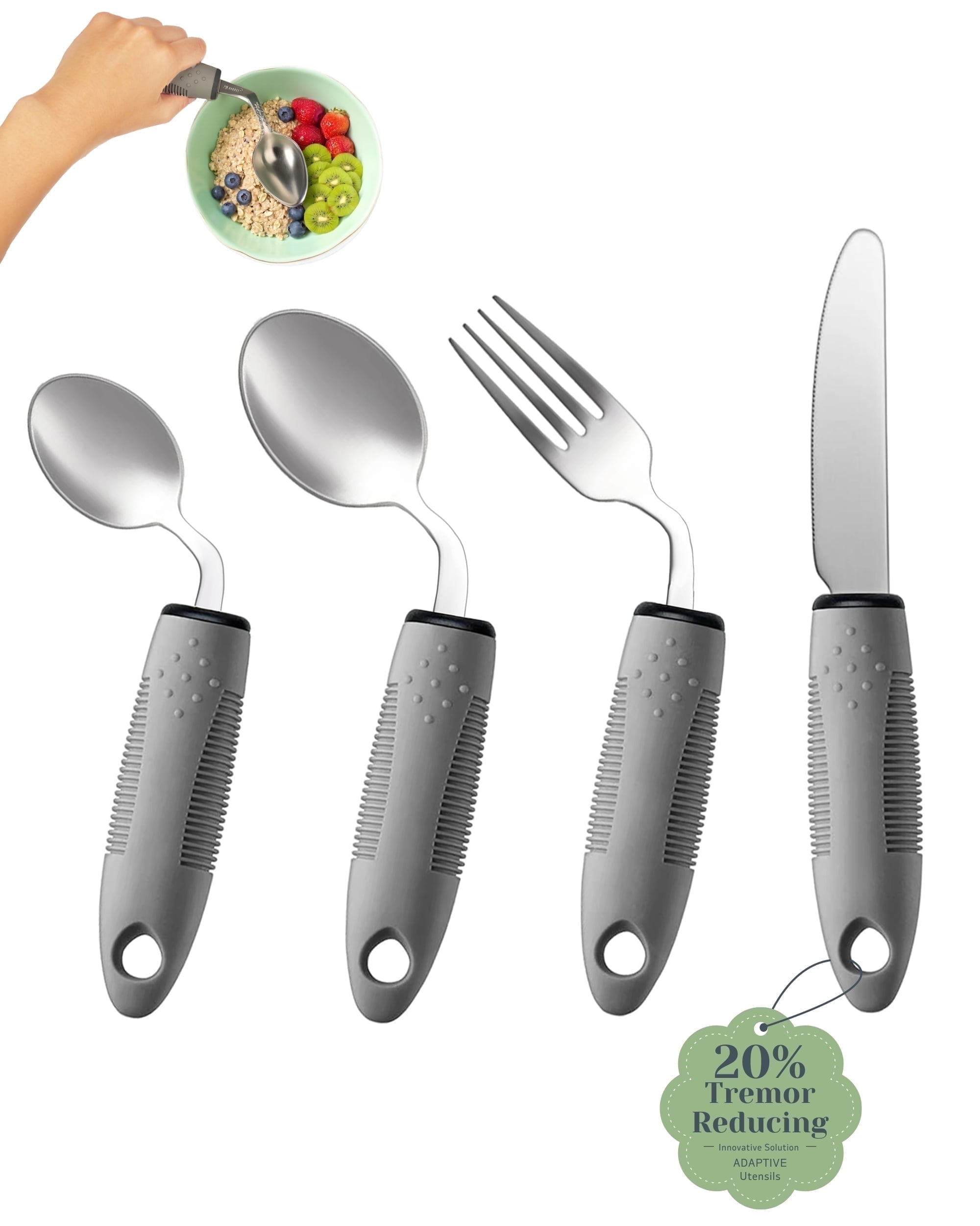 BaseSmall 4-Piece Adaptive Utensils Set - 42°Angled Parkinsons Utensils ...