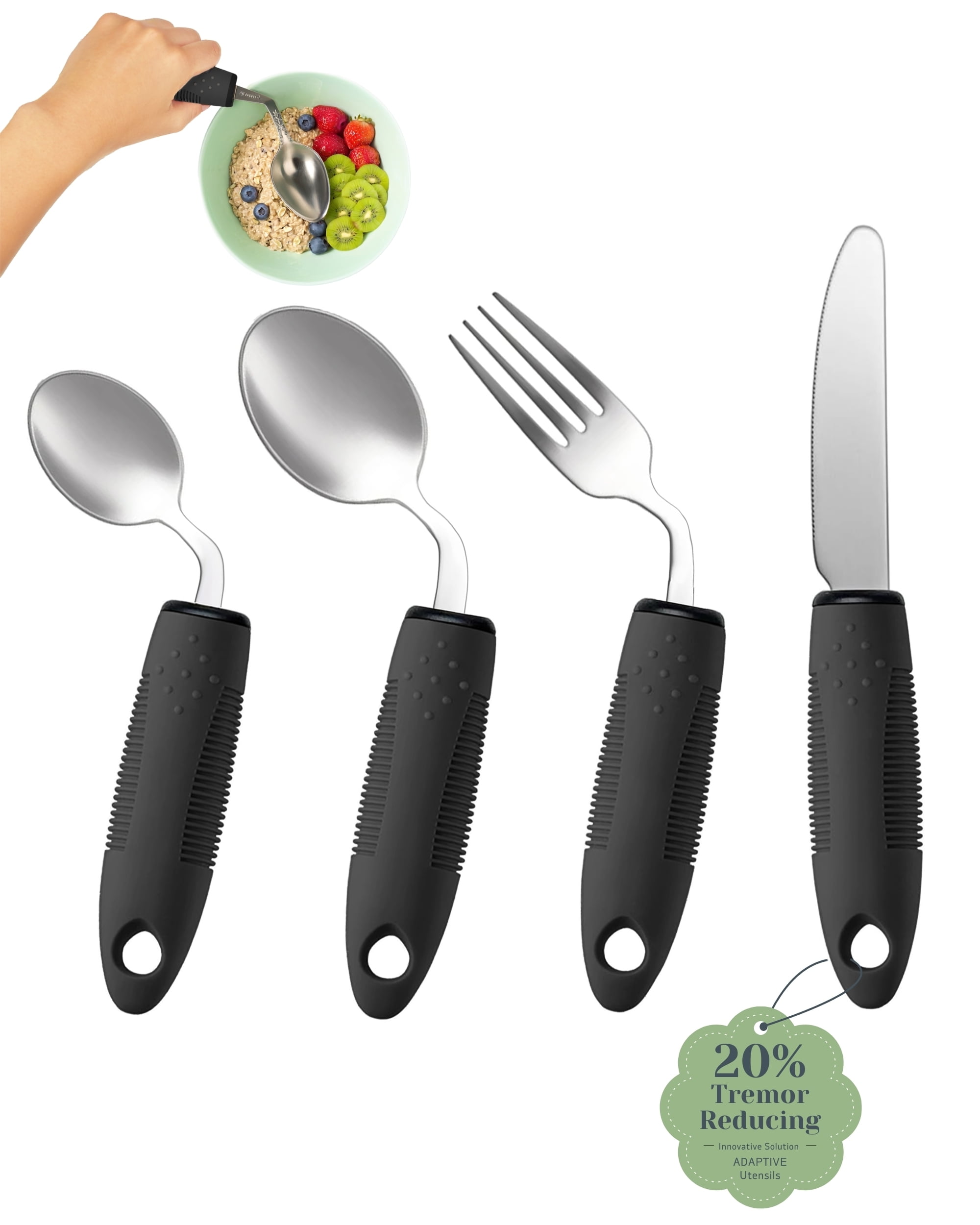BaseSmall 4-Piece Adaptive Utensils Set - 42°Angled Parkinsons Utensils ...