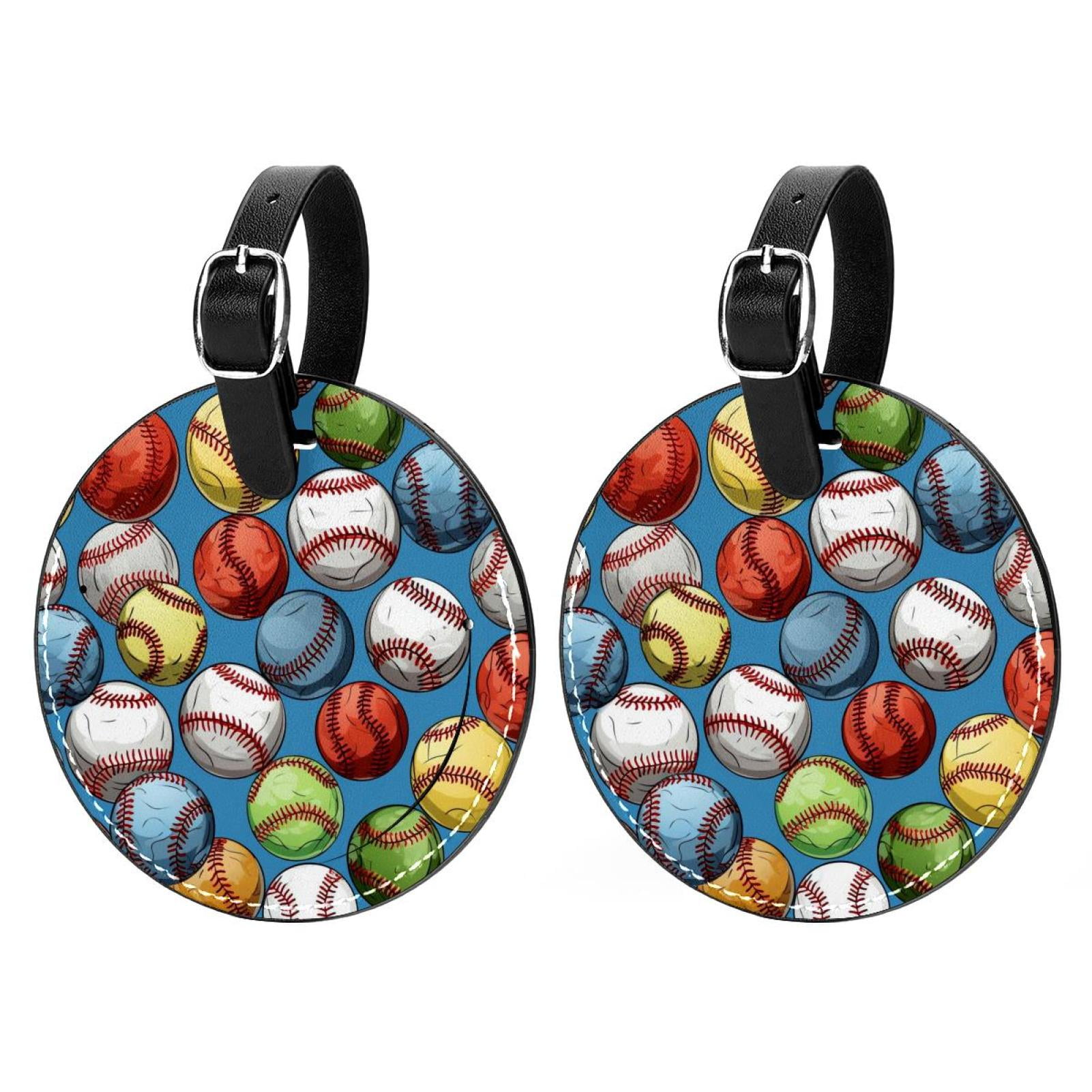 Baseball 2pcs PU Leather Round Bag Tags with Privacy Cover and Name ID ...