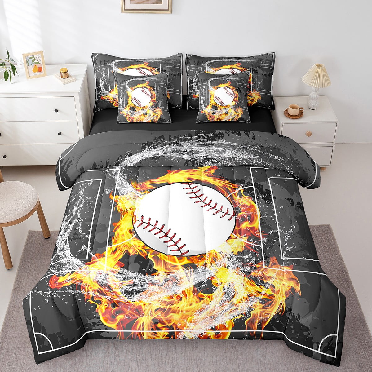 Baseball 7 Piece Comforter Set Full Bed in a Bag,Water Fire Baseball ...