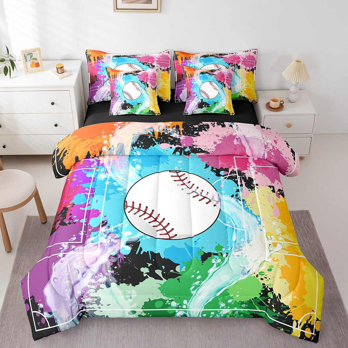 Baseball 7 Piece Comforter Set Twin Bed in a Bag,Watercolor Rainbow ...