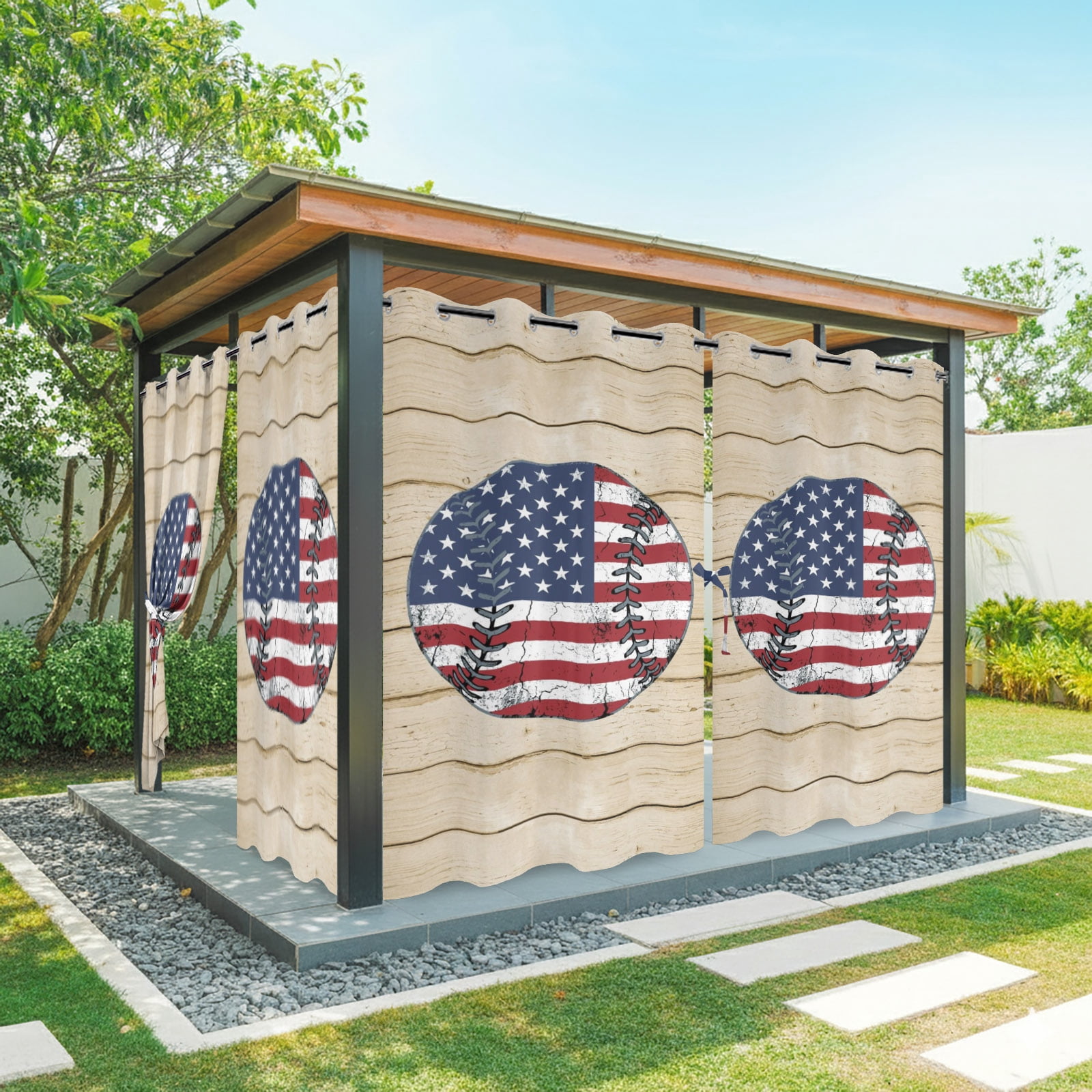 Baseball American Flag Outdoor Curtains for Patio, Rustic Wood Grain ...
