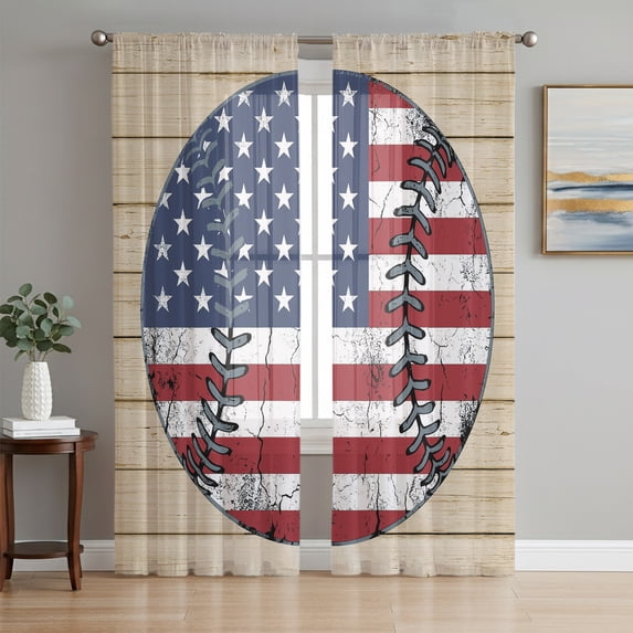 Baseball American Flag Sheer Curtains for Living Room Bedroom, Rustic ...